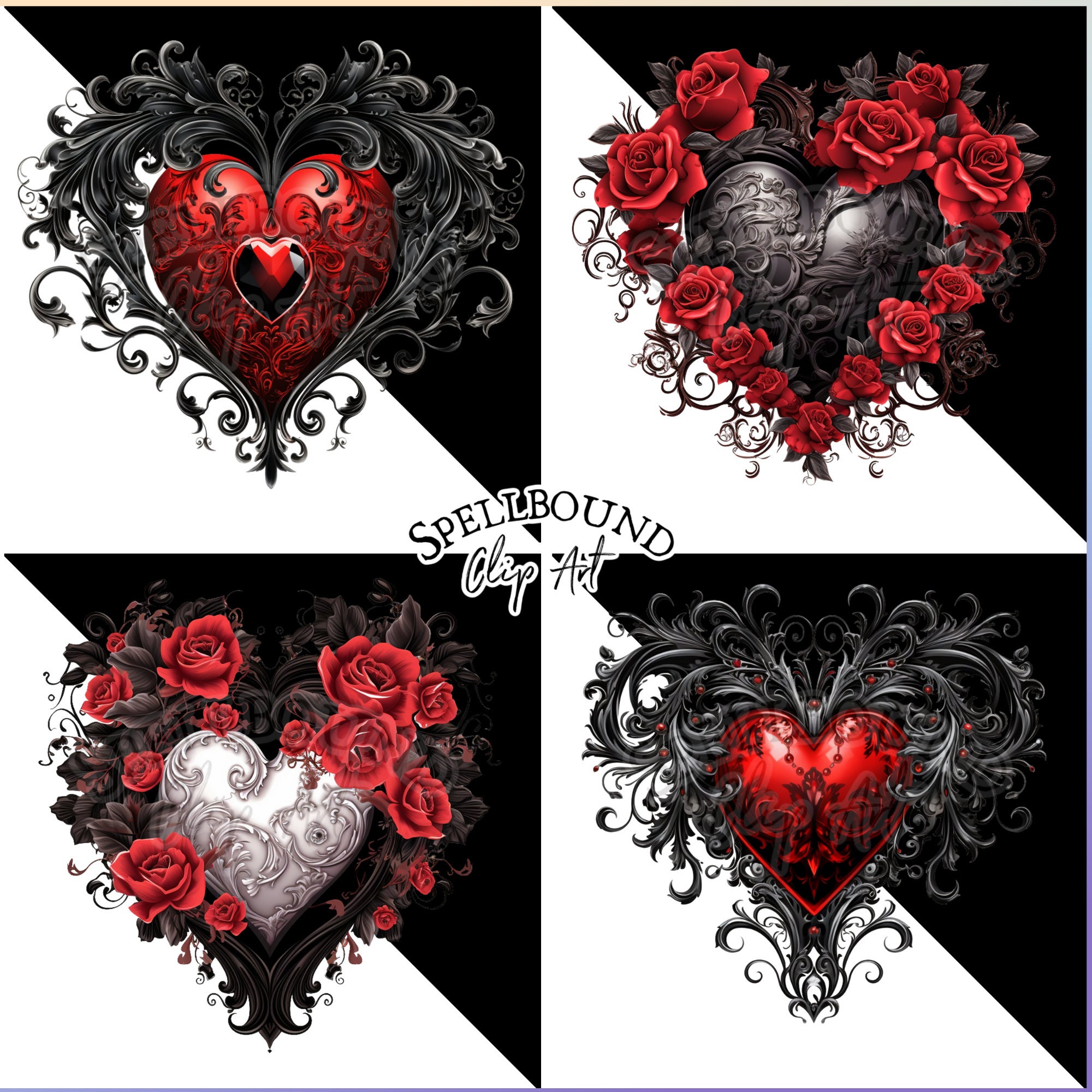 Goth Hearts Digital Clipart, Commercial Use, Instant Download, Filagree ...