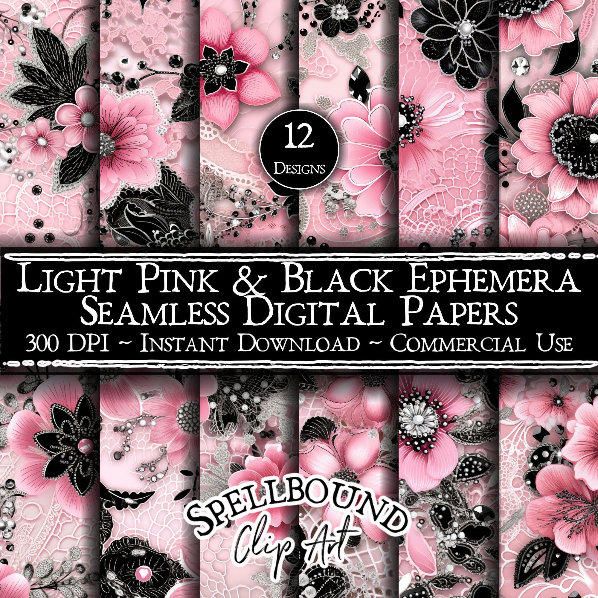 Light Pink & Black Digital Ephemera Seamless Digital Papers, Commercial ...