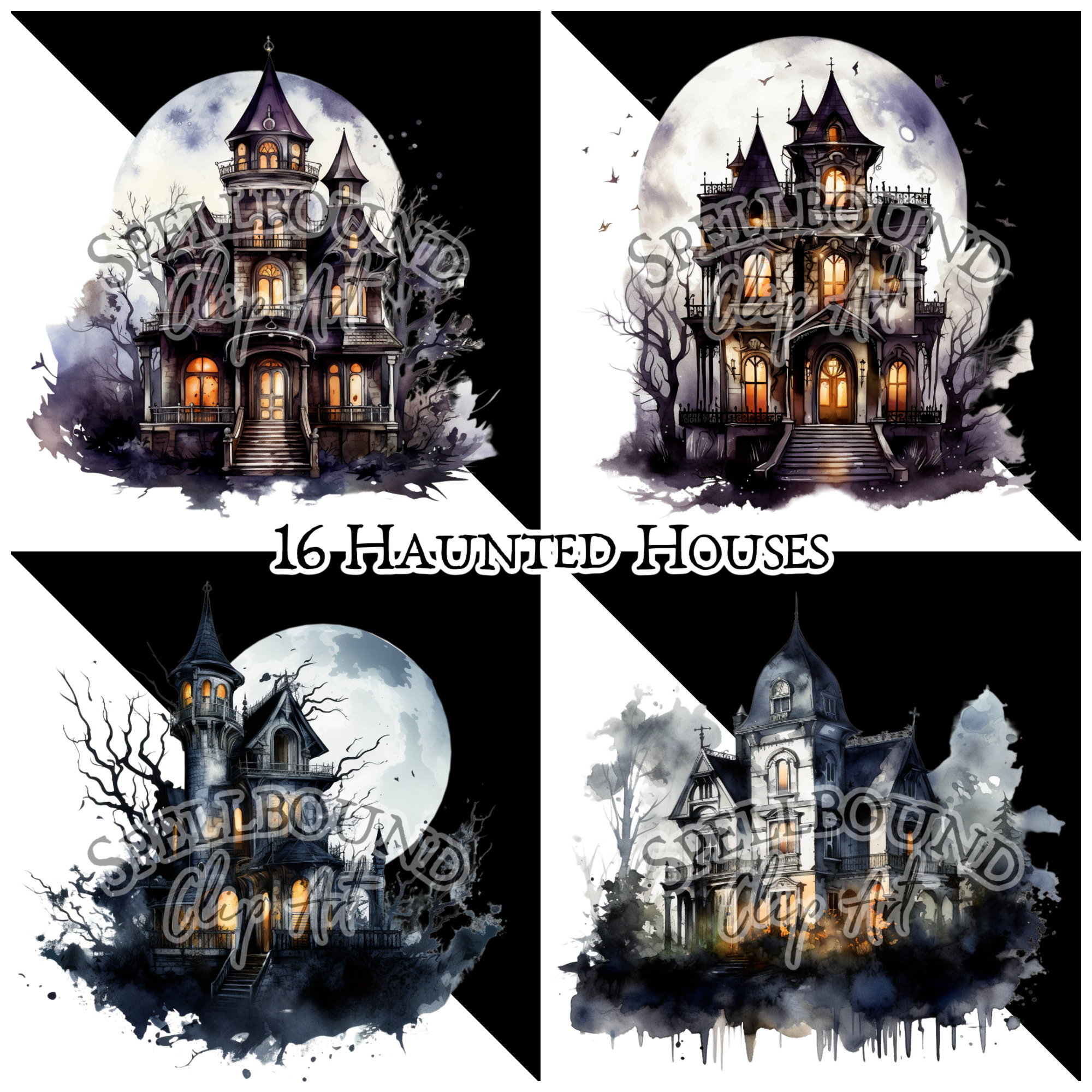 16 Haunted Houses Digital Clipart Commercial Use Instant - Etsy