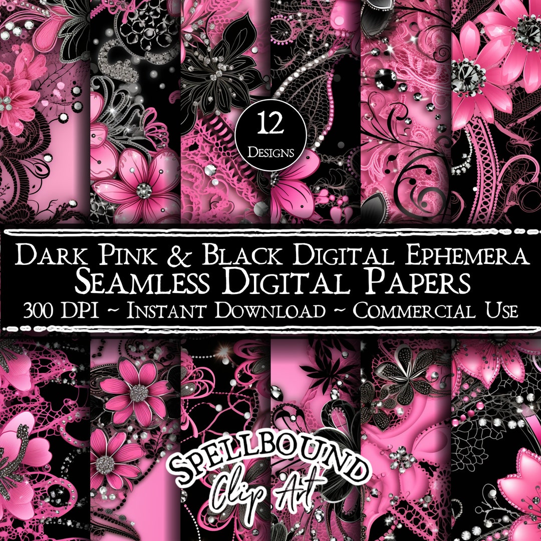 Dark Pink & Black Digital Ephemera Seamless Digital Papers, Commercial ...