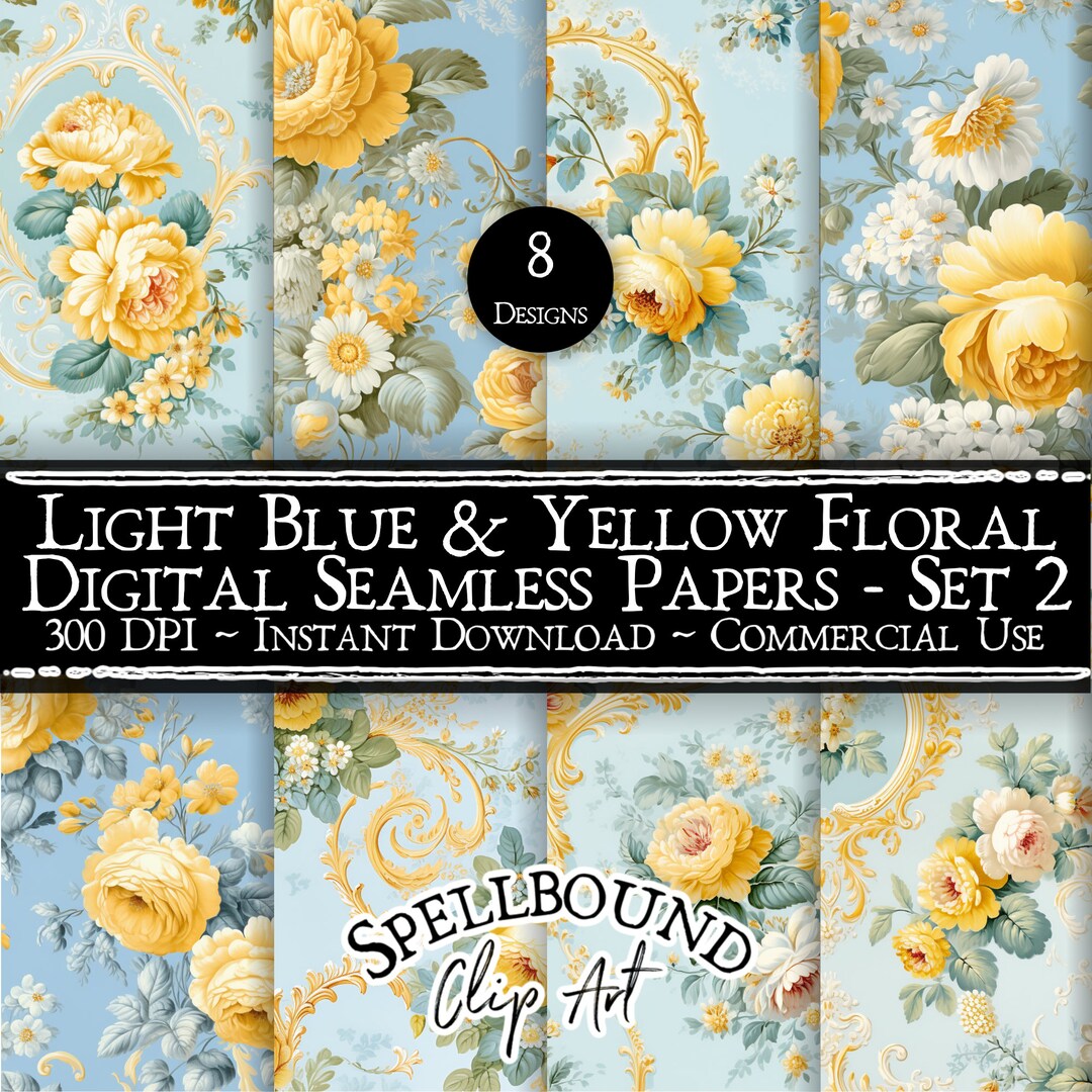 Light Blue and Yellow Floral Seamless Digital Papers, Commercial Use ...