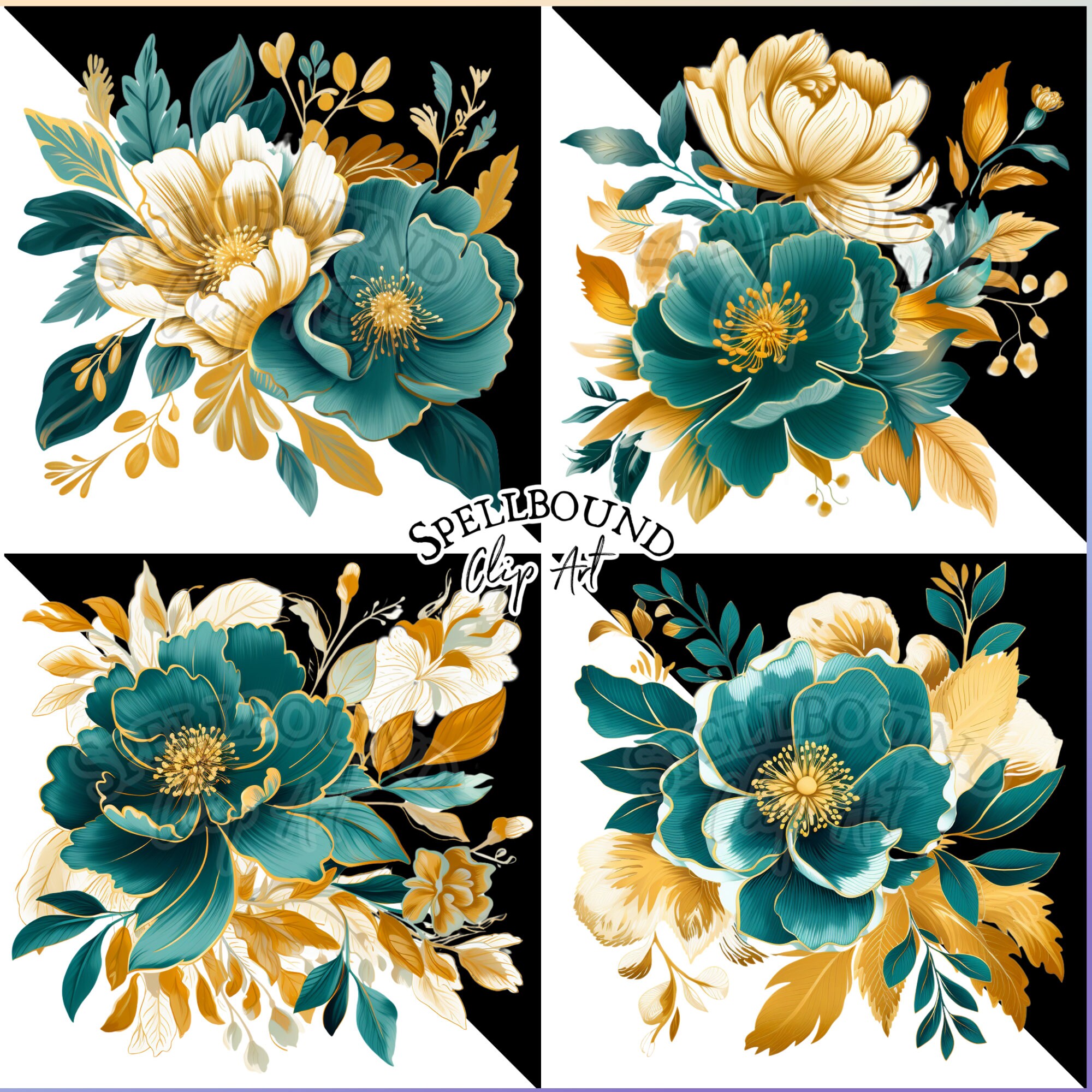 Turquoise & Gold Floral Bouquets Digital Clipart, Commercial Use ...