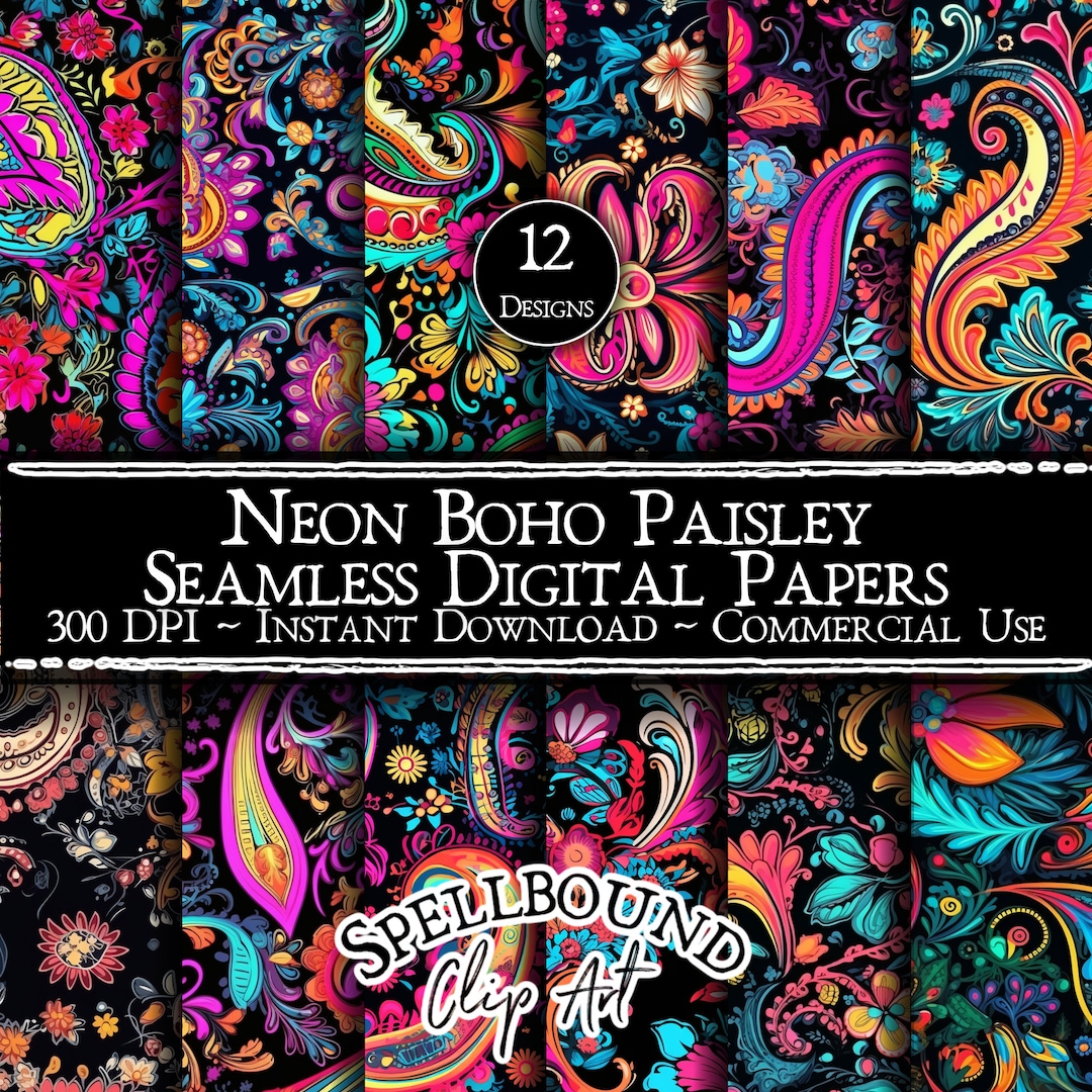 Neon Boho Paisley Seamless Digital Papers, Commercial Use, Instant ...