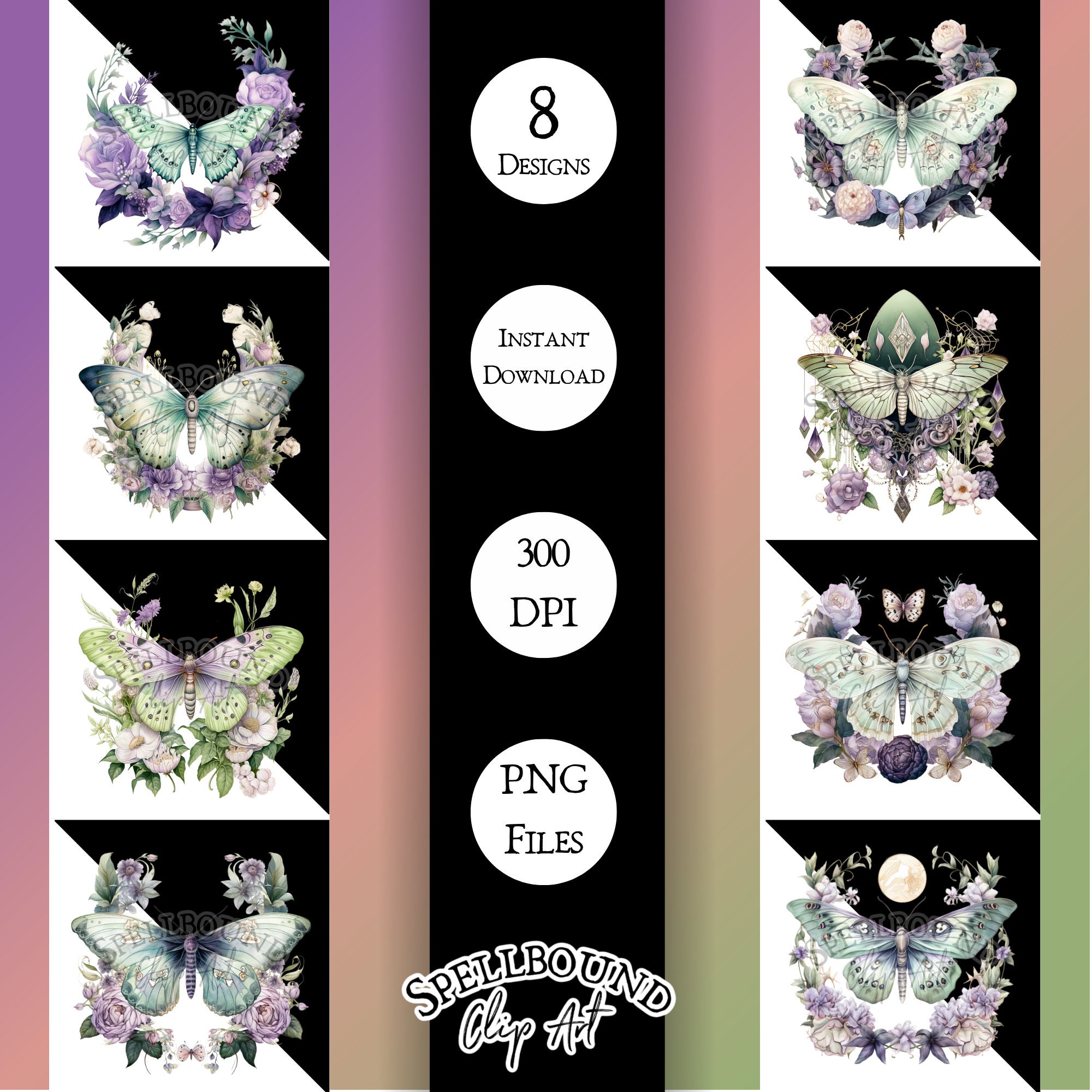 Purple & Blue Moths Digital Clipart, Commercial Use, Instant Download ...