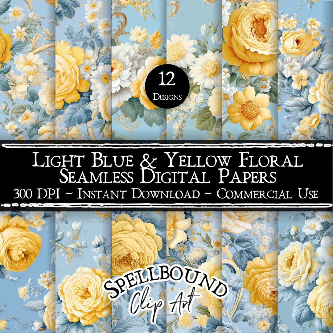 Light Blue and Yellow Floral Seamless Digital Papers, Commercial Use ...