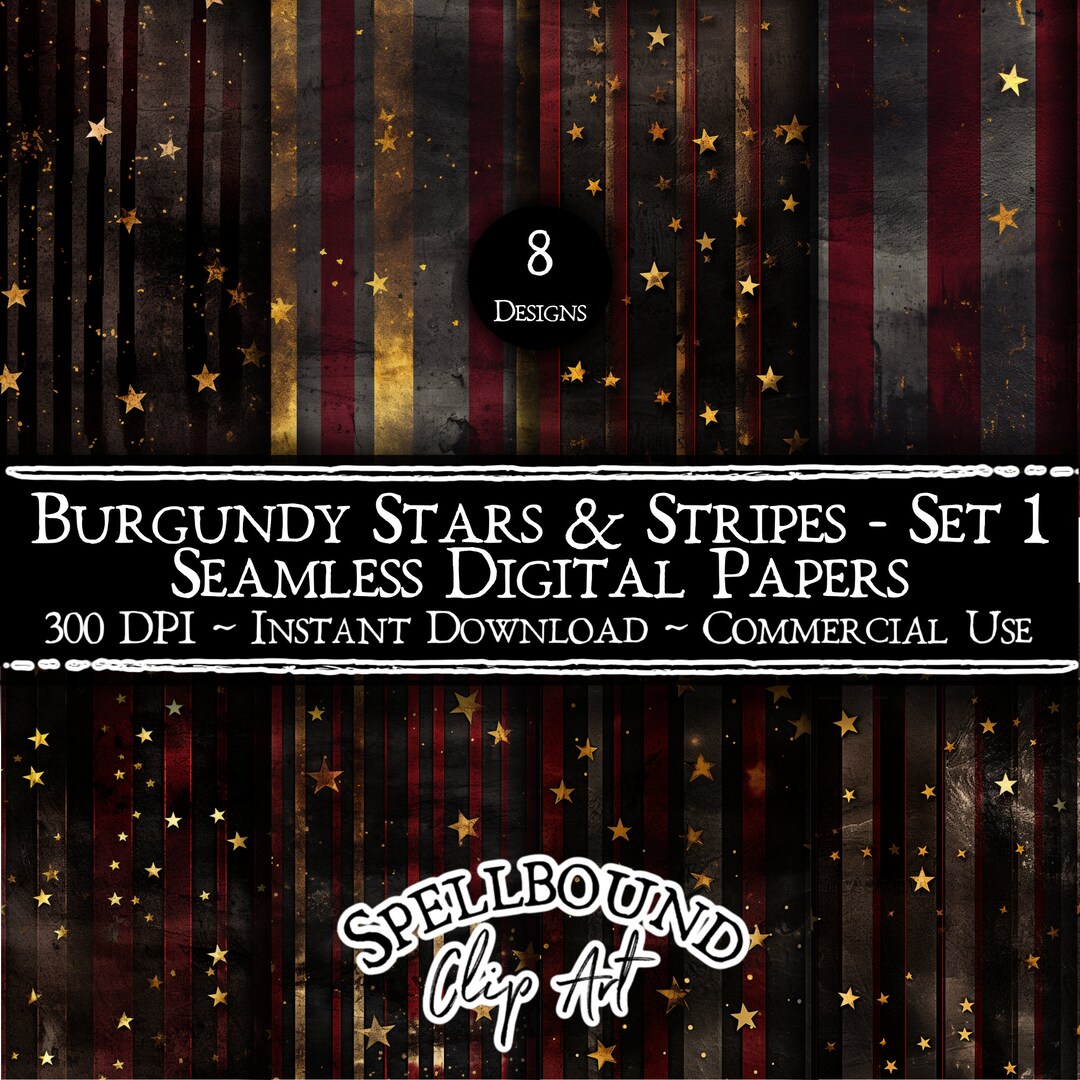 Burgundy and Gold Stars and Stripes Seamless Digital Papers, Commercial ...