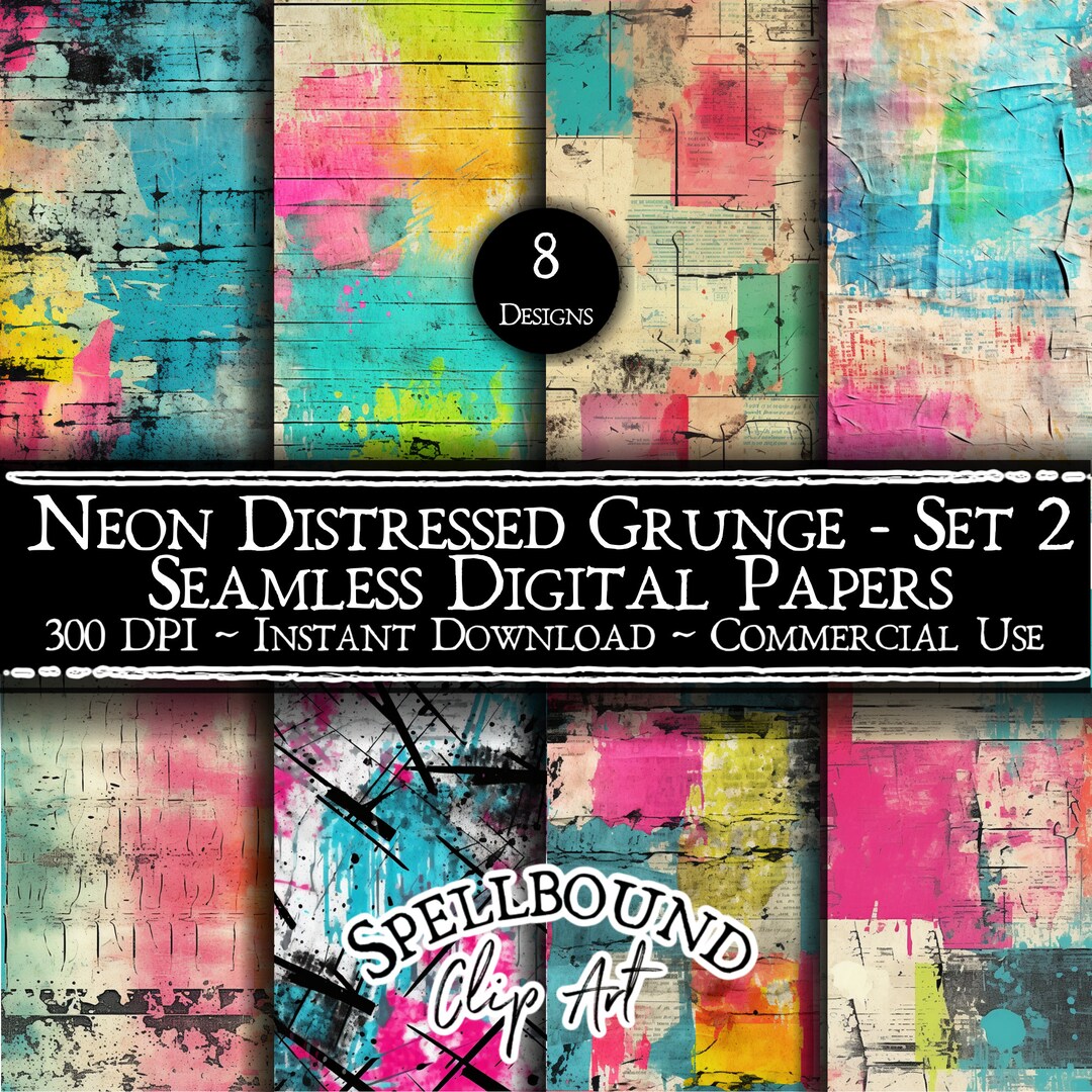 Neon Distressed Grunge Seamless Digital Papers, Commercial Use, Instant ...