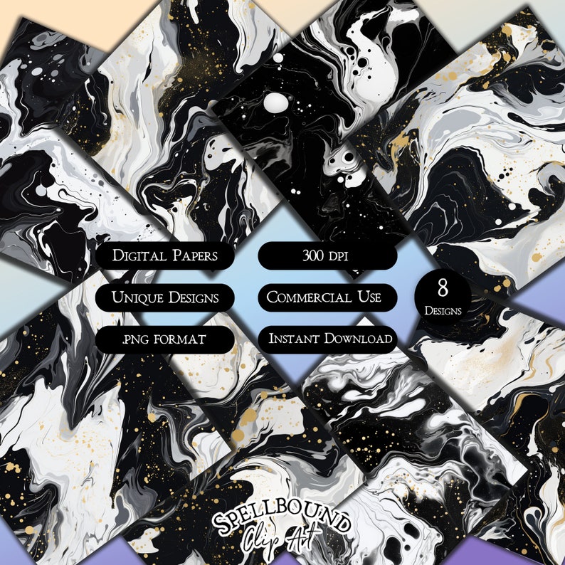Black and White Marble Seamless Digital Papers, Commercial Use, Instant ...