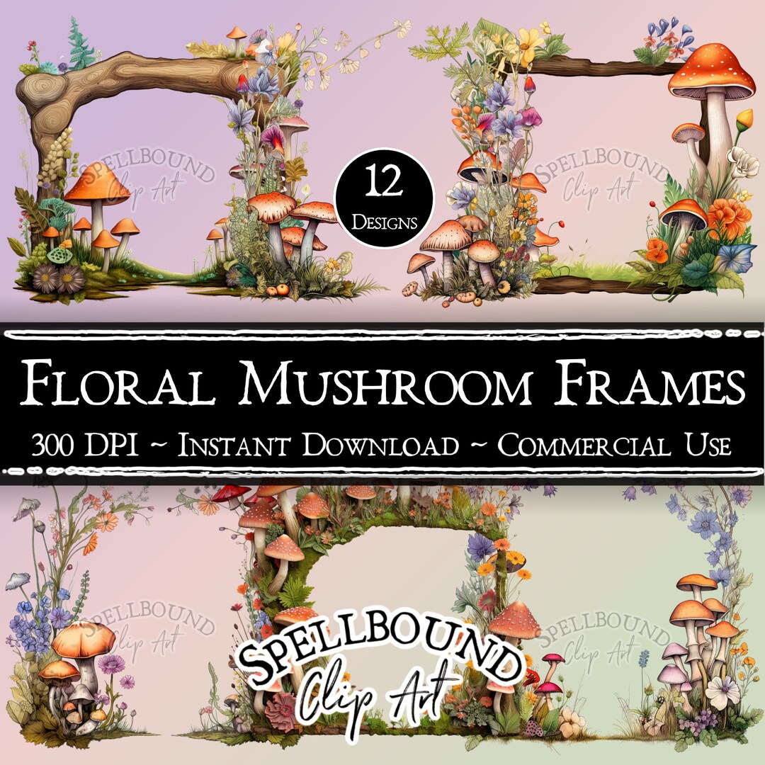 Floral Mushroom Frames Digital Clipart, Commercial Use, Instant ...