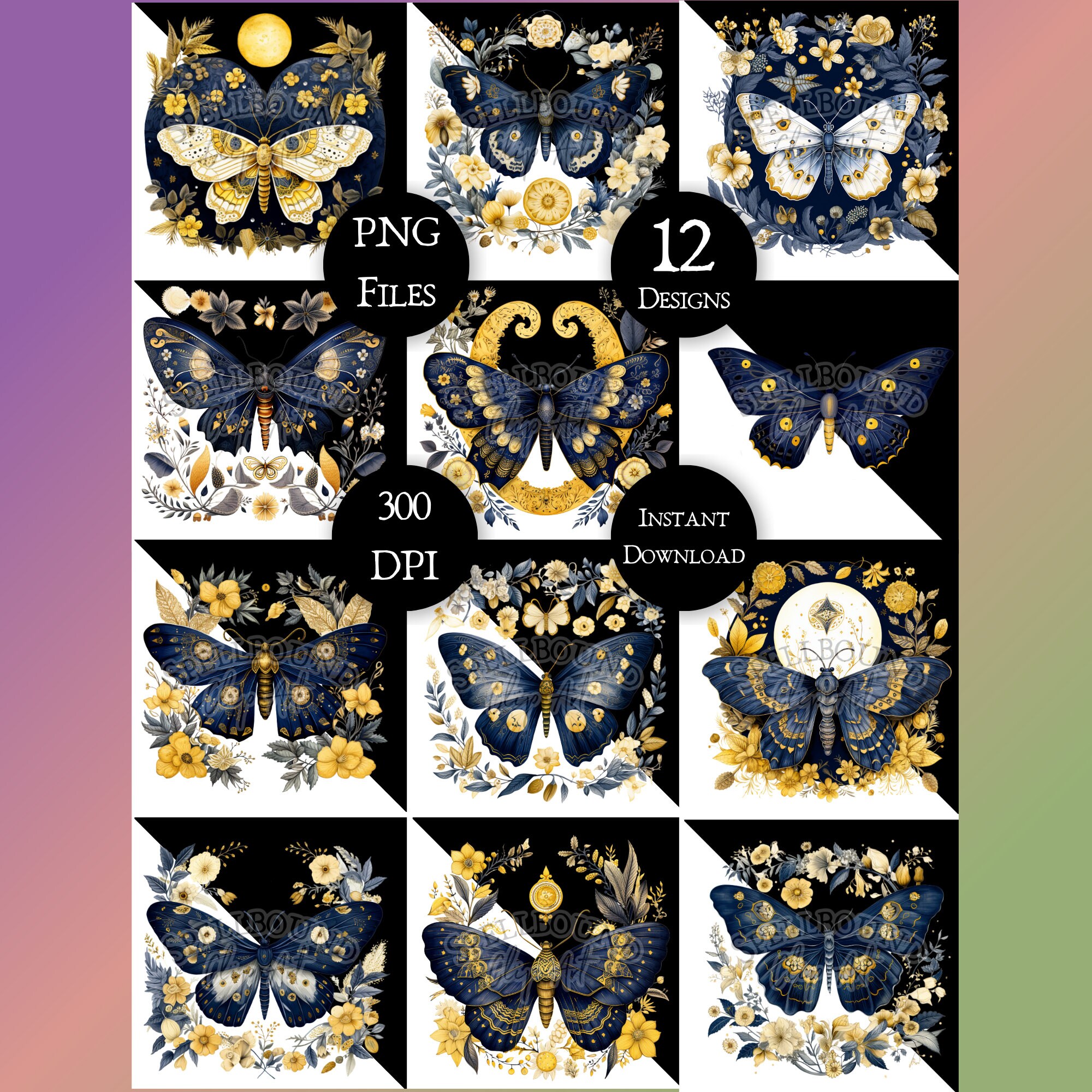 Blue & Yellow Moths Digital Clipart Commercial Use Instant - Etsy