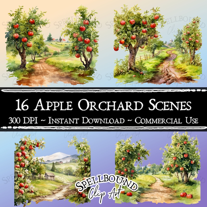 Watercolor Apple Orchard Clipart, Commercial Use, Instant Download ...