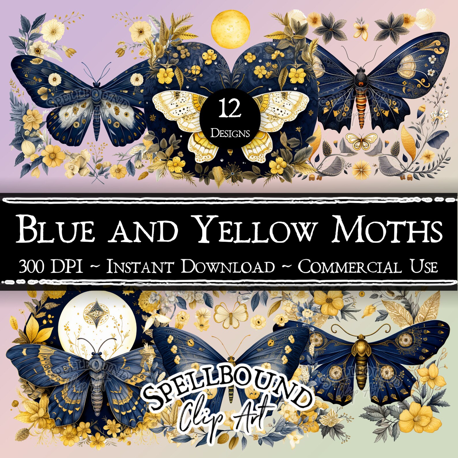 Blue & Yellow Moths Digital Clipart, Commercial Use, Instant Download ...