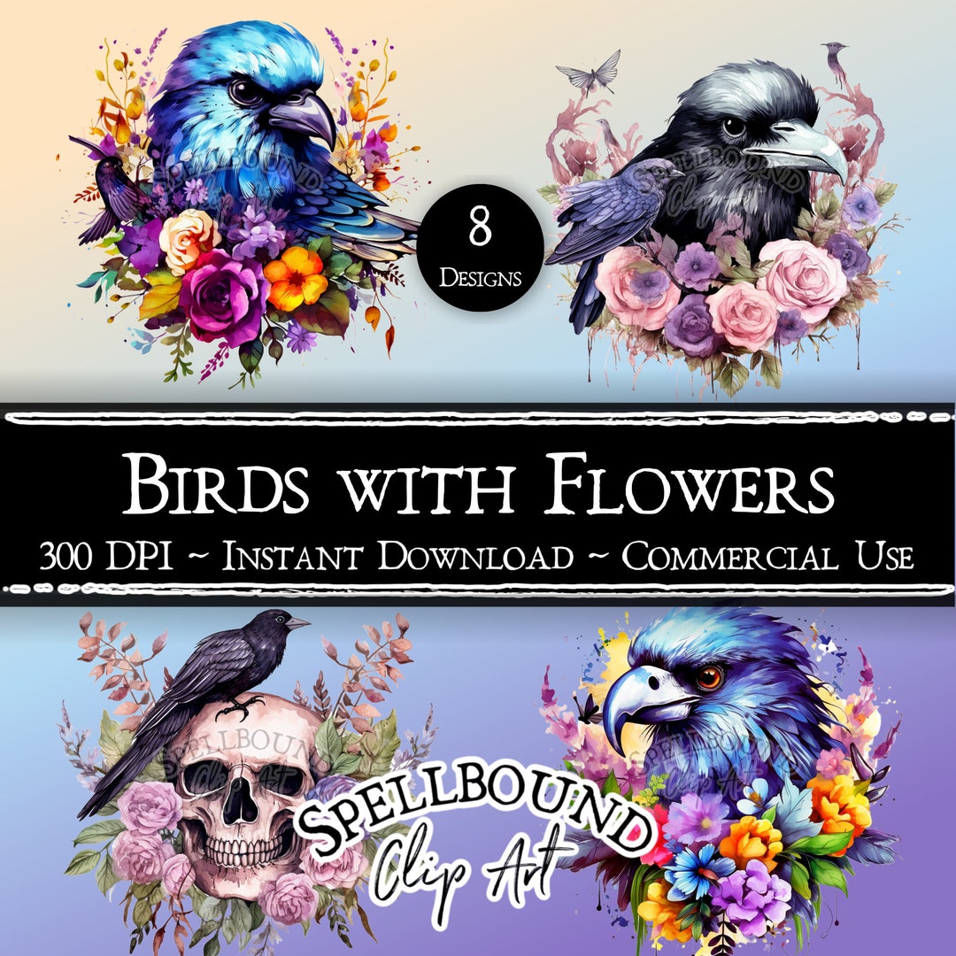 Birds With Flowers Digital Clipart, Commercial Use, Instant Download ...