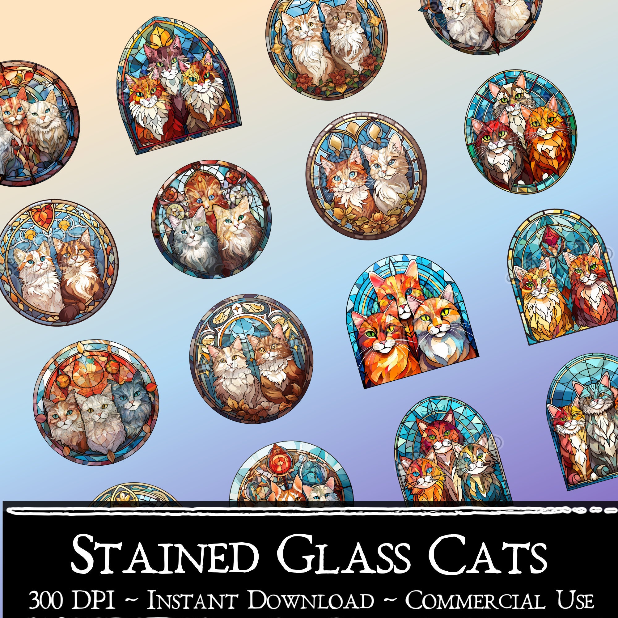 Stained Glass Cats Digital Clipart, Commercial Use, Instant Download ...