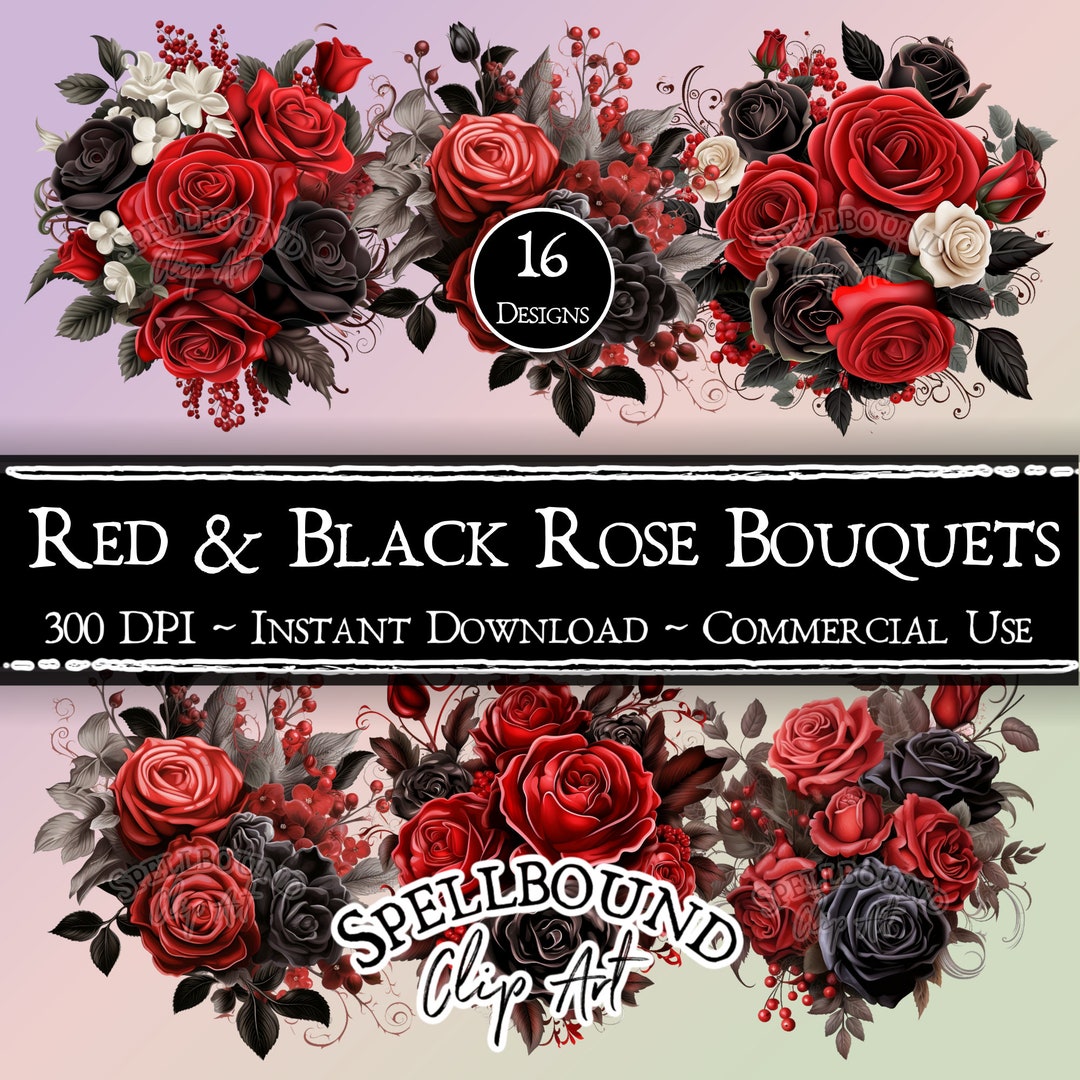 Red & Black Flower Bouquets Digital Clipart, Commercial Use, Instant ...