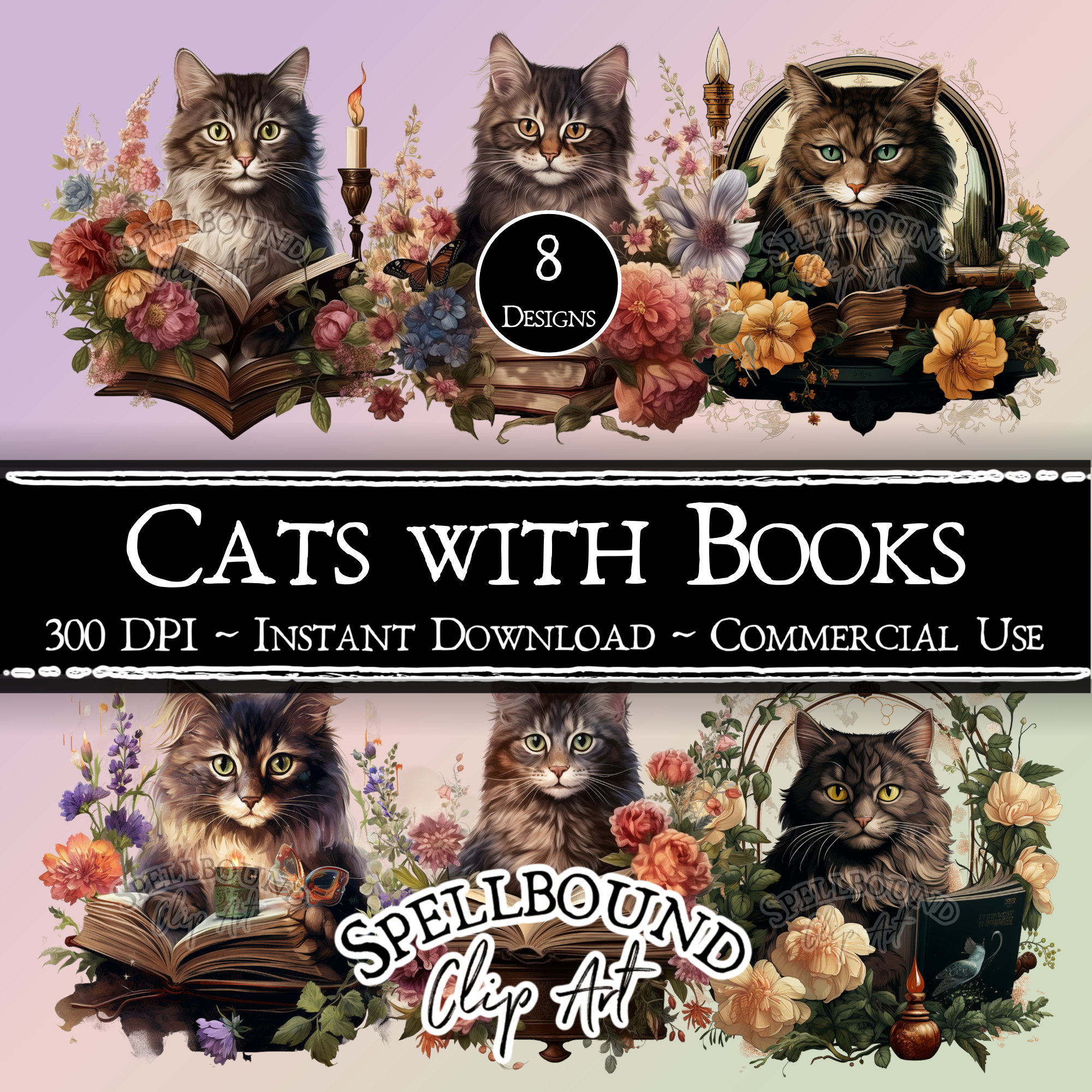 Cats With Books Digital Clipart, Commercial Use, Instant Download, Cat ...