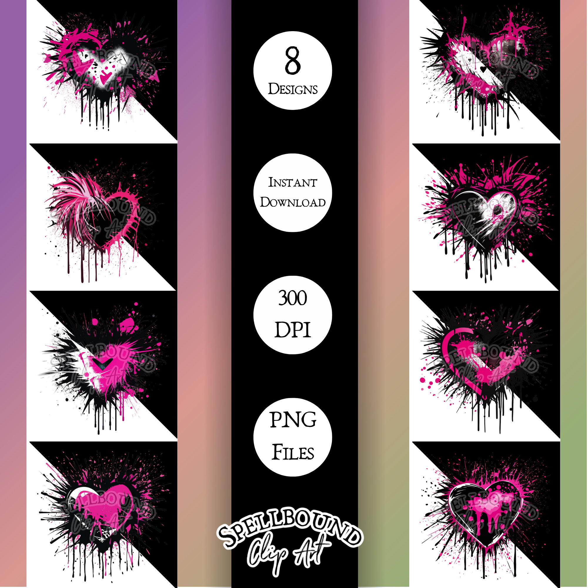 Pink Punk Hearts Digital Clipart, Commercial Use, Instant Download, PNG ...