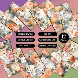 Floral Cats Seamless Digital Papers, Commercial Use, Instant Download ...