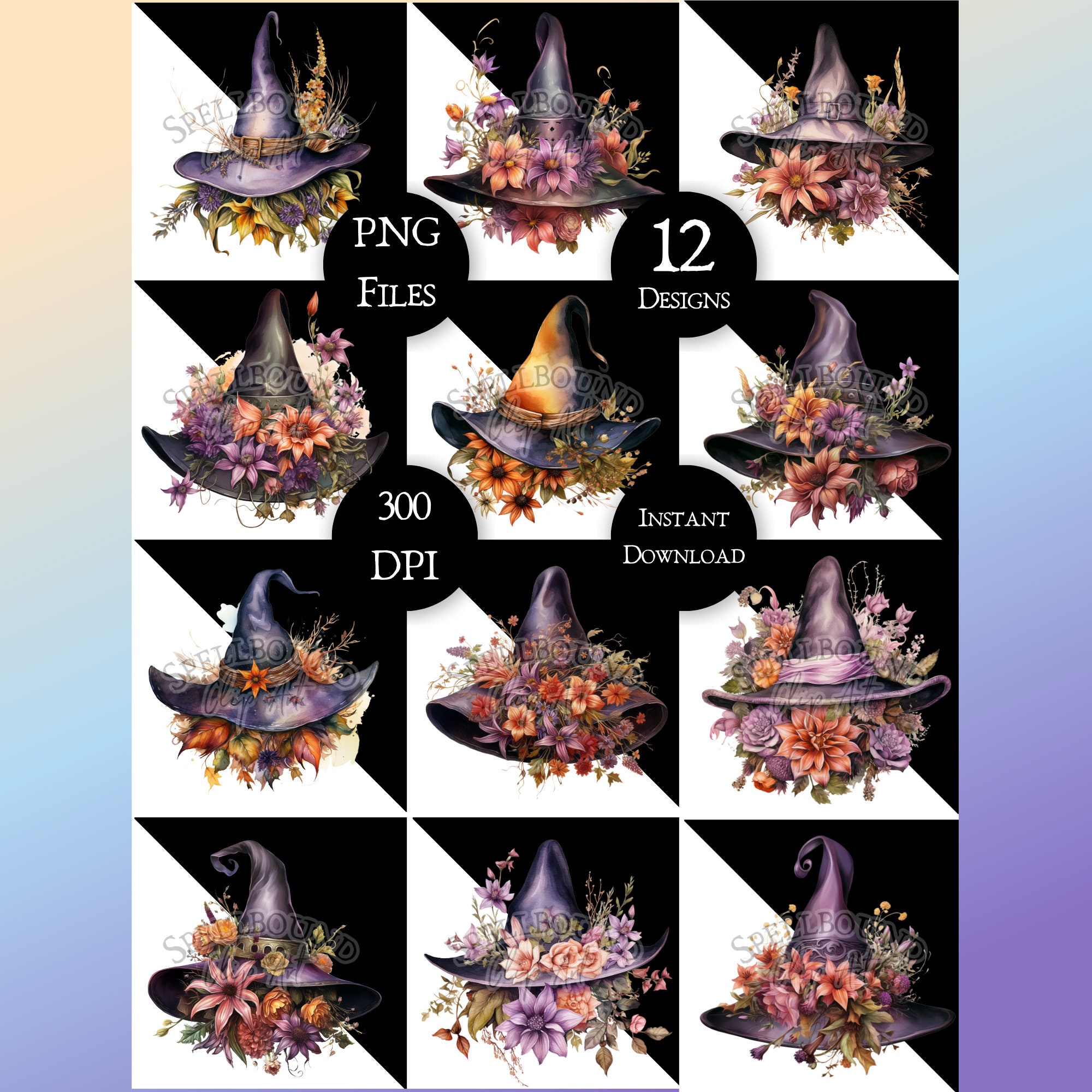 Floral Witch Hat Digital Clipart Commercial Use Instant - Etsy