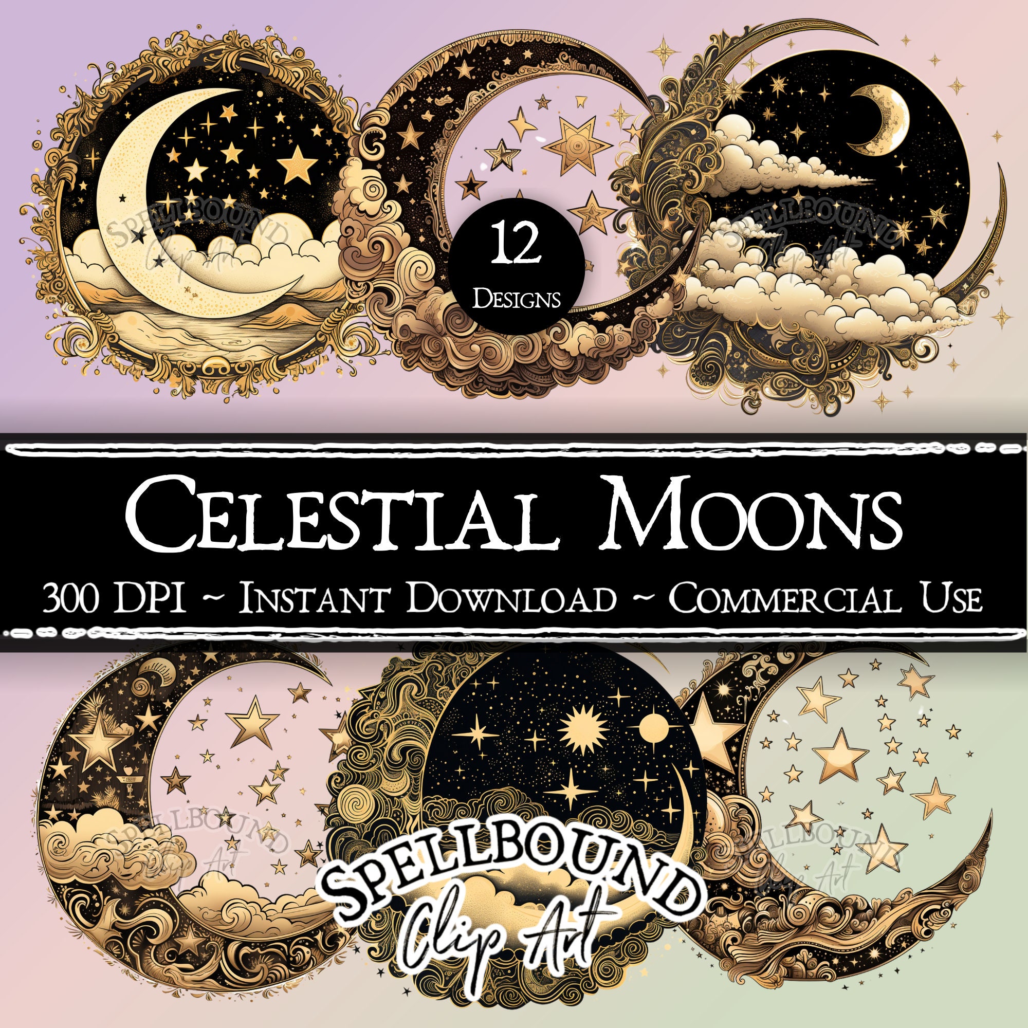 Celestial Moons Digital Clipart, Commercial Use, Instant Download ...