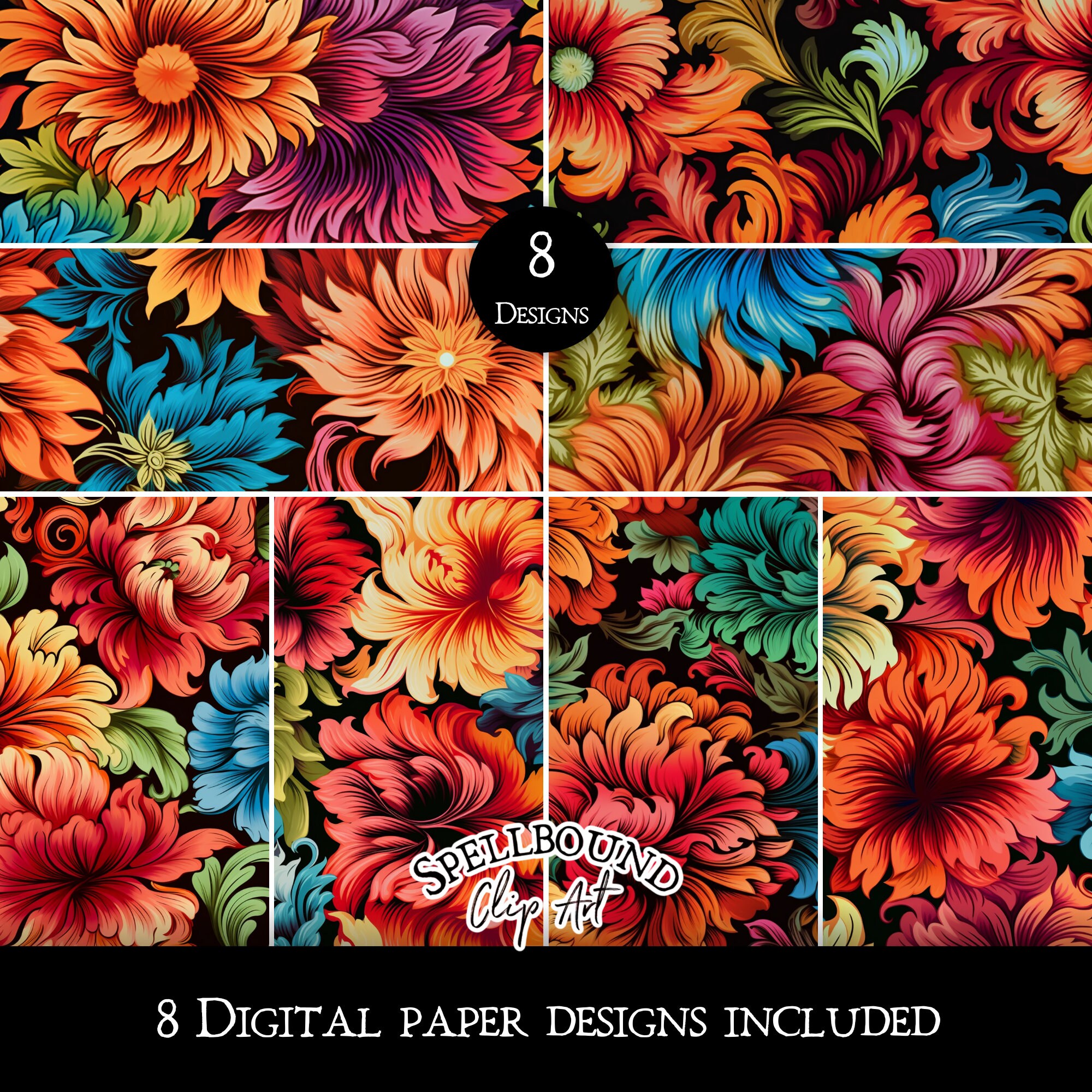 Bright Colorful Filagree Flower Seamless Digital Papers, Commercial Use ...