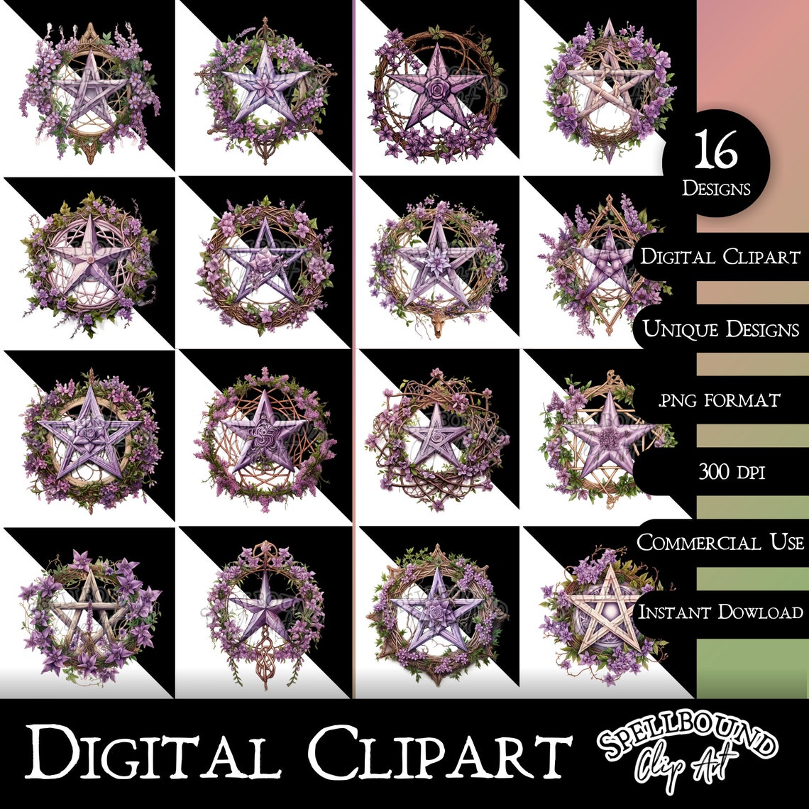Purple Floral Pentagrams Digital Clipart, Commercial Use, Instant Download, Pagan Clip Art ...