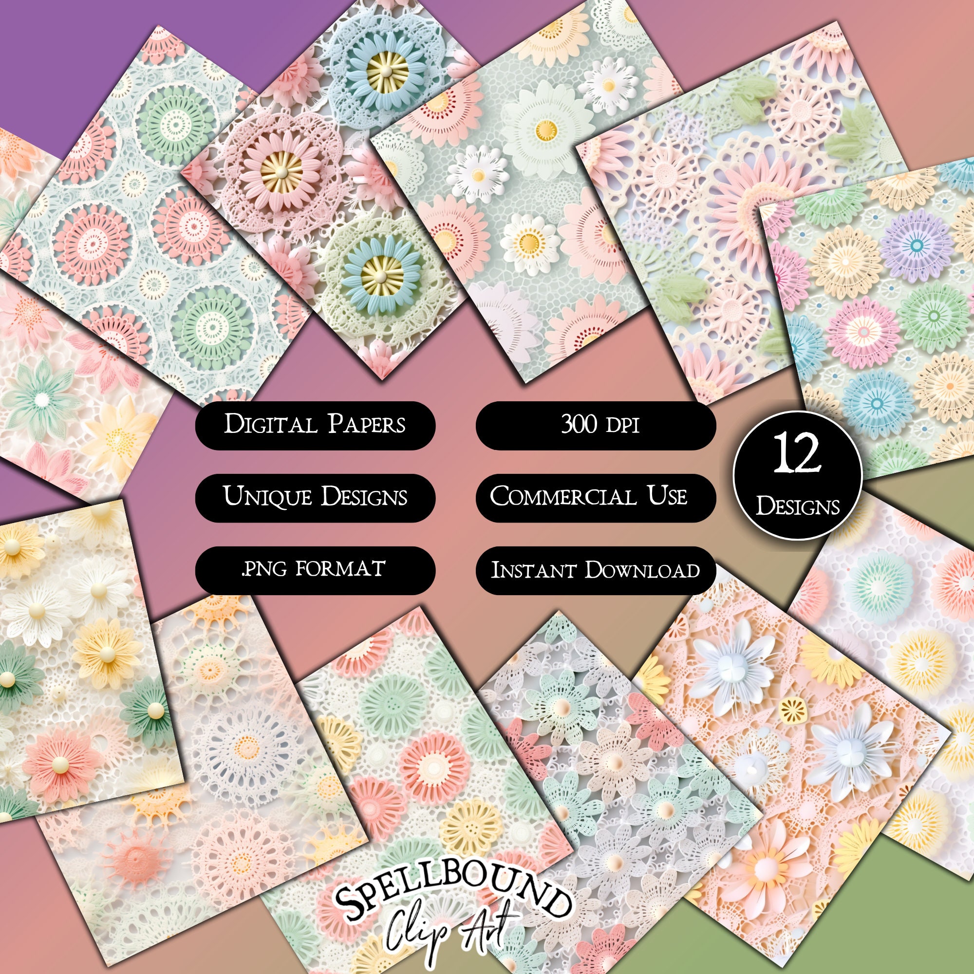 Vintage Pastel Eyelet Lace Seamless Digital Papers, Commercial Use ...