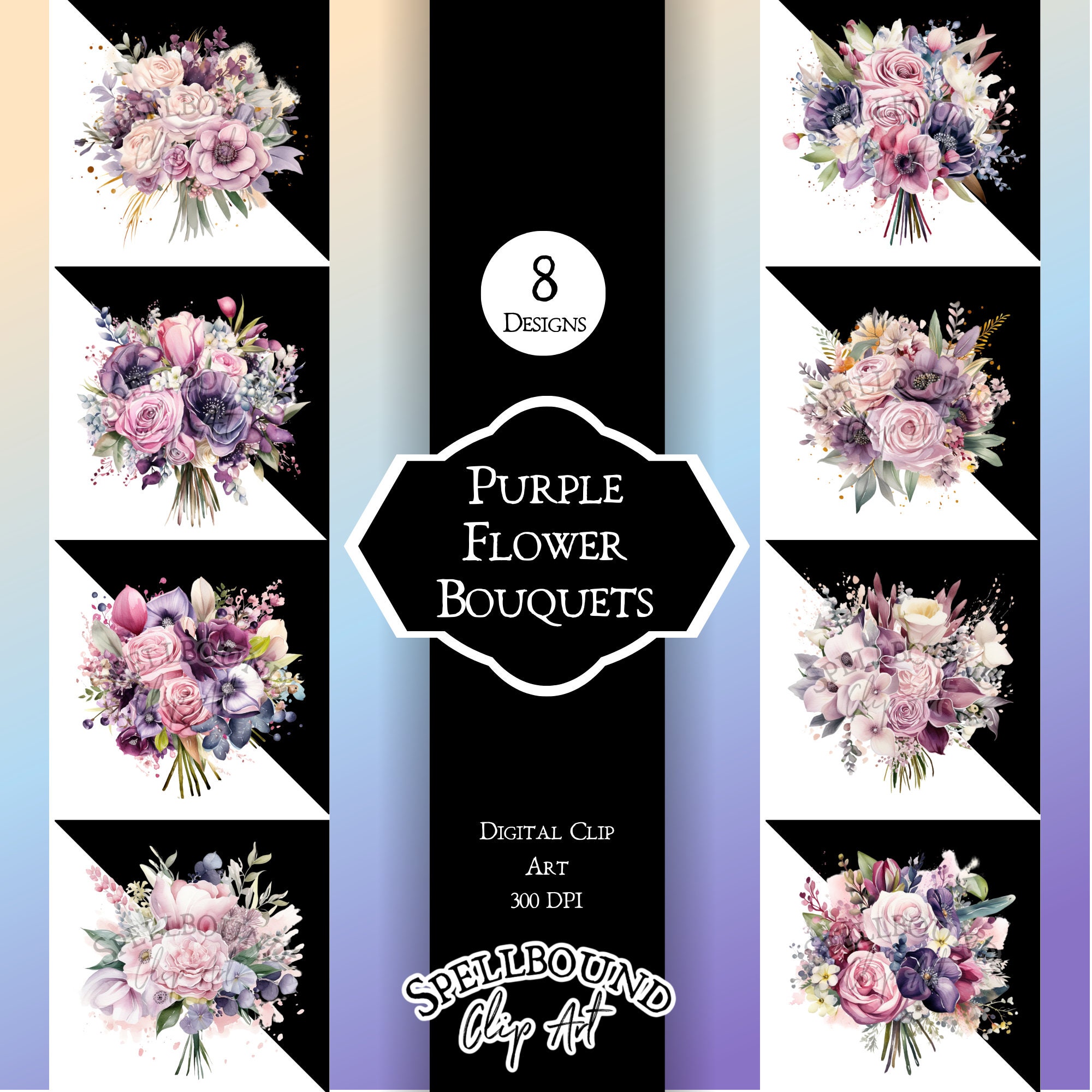 Purple Flower Bouquets, Digital Clipart, Commercial Use, Instant ...