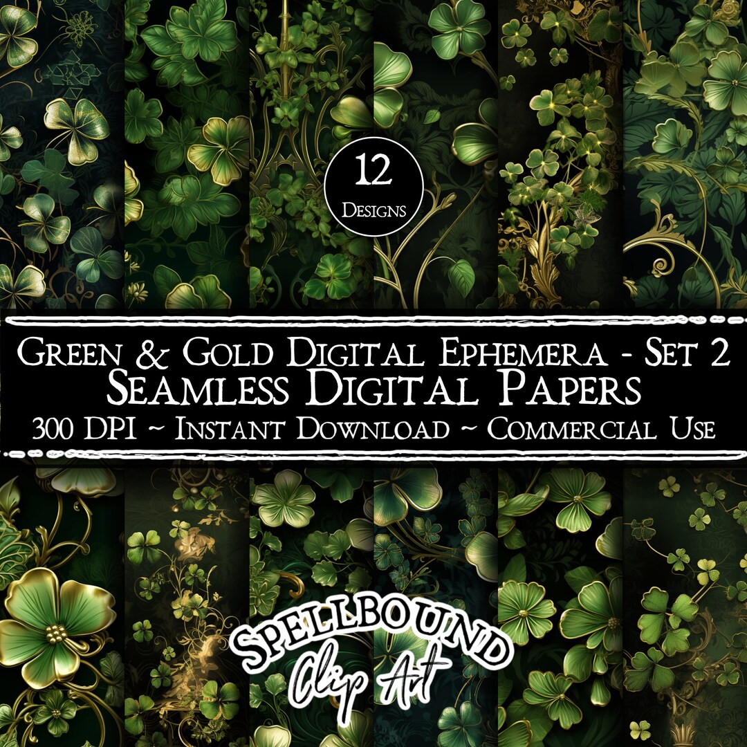 Green & Gold Ephemera Seamless Digital Papers, Commercial Use, Instant ...