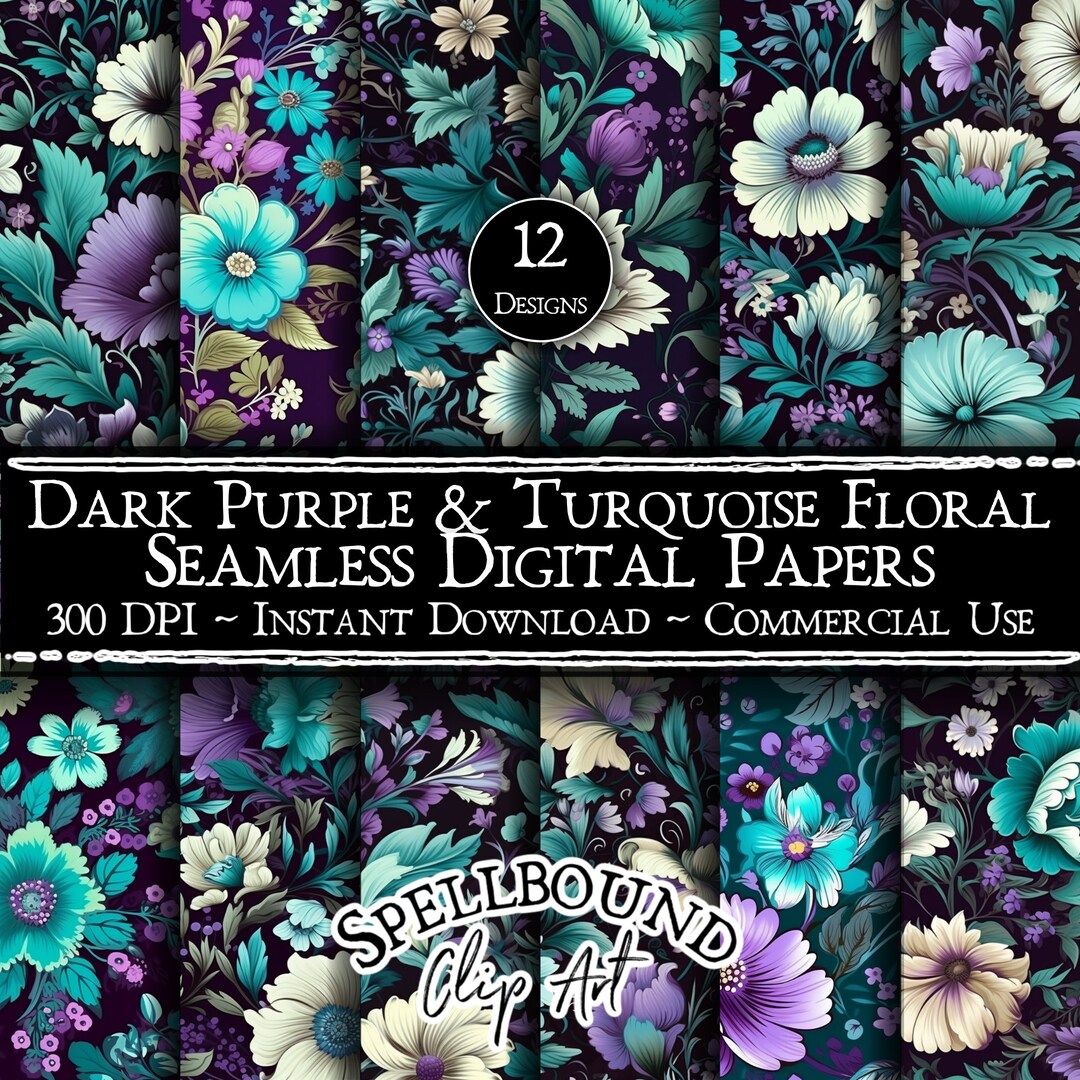Dark Purple & Turquoise Floral Seamless Digital Papers, Commercial Use ...