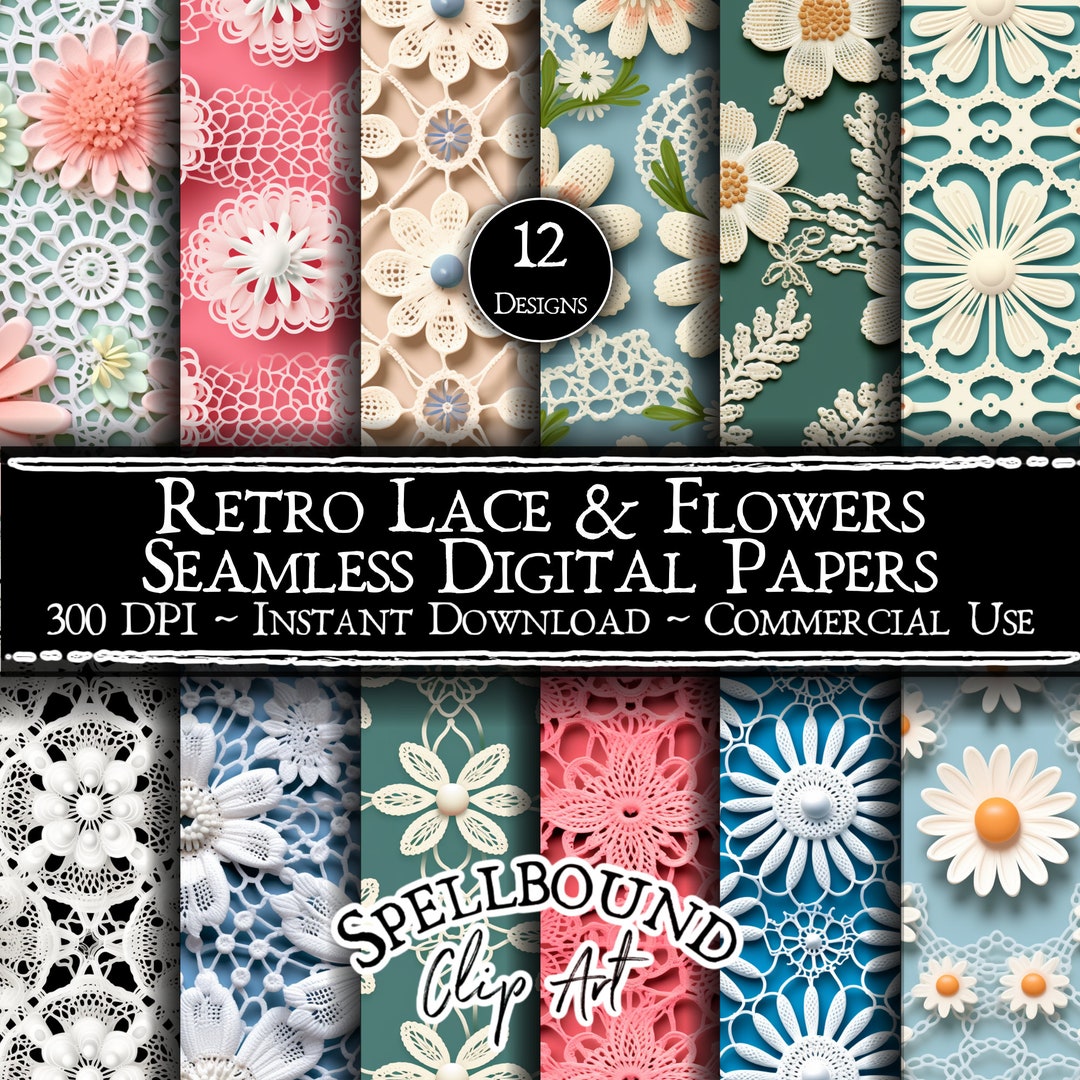 Retro Lace and Flowers Seamless Digital Papers, Commercial Use, Instant ...