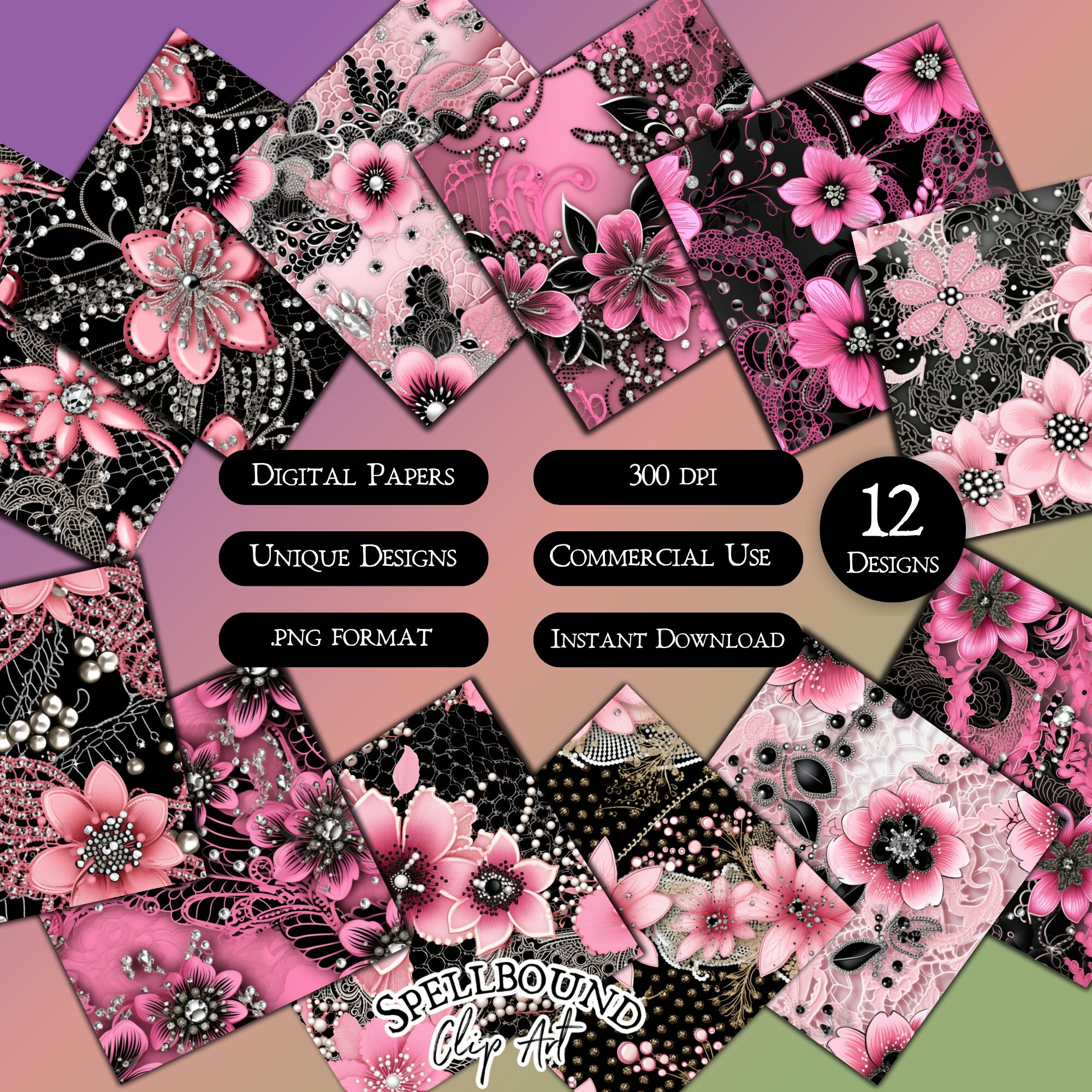 Pink & Black Digital Ephemera Seamless Digital Papers, Commercial Use ...