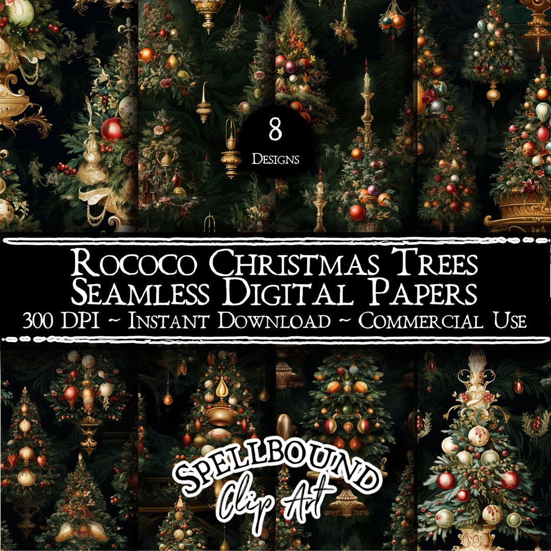 Rococo Christmas Trees Seamless Digital Papers, Commercial Use, Instant ...