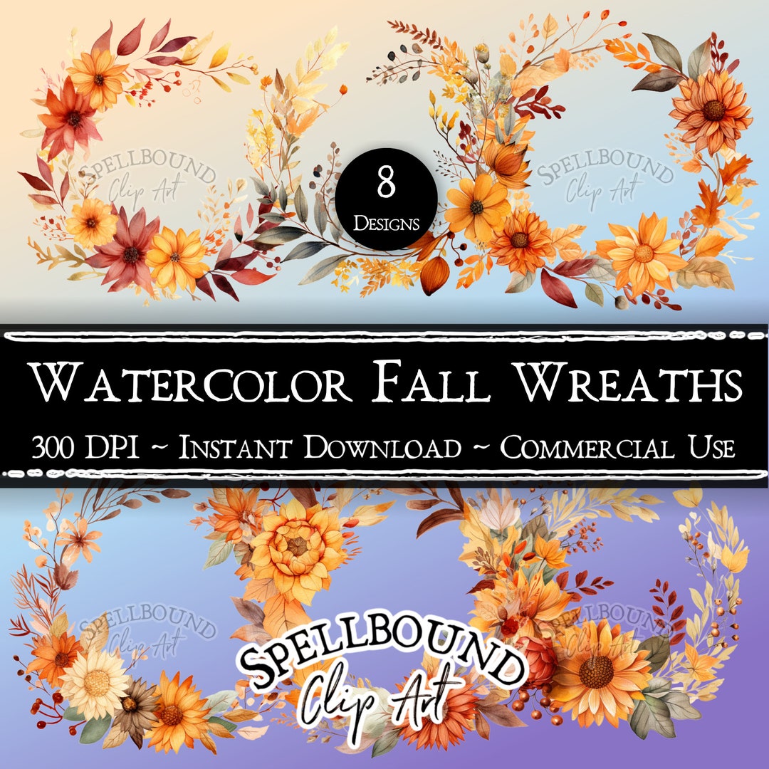 Watercolor Fall Wreath Digital Clipart, Commercial Use, Instant ...