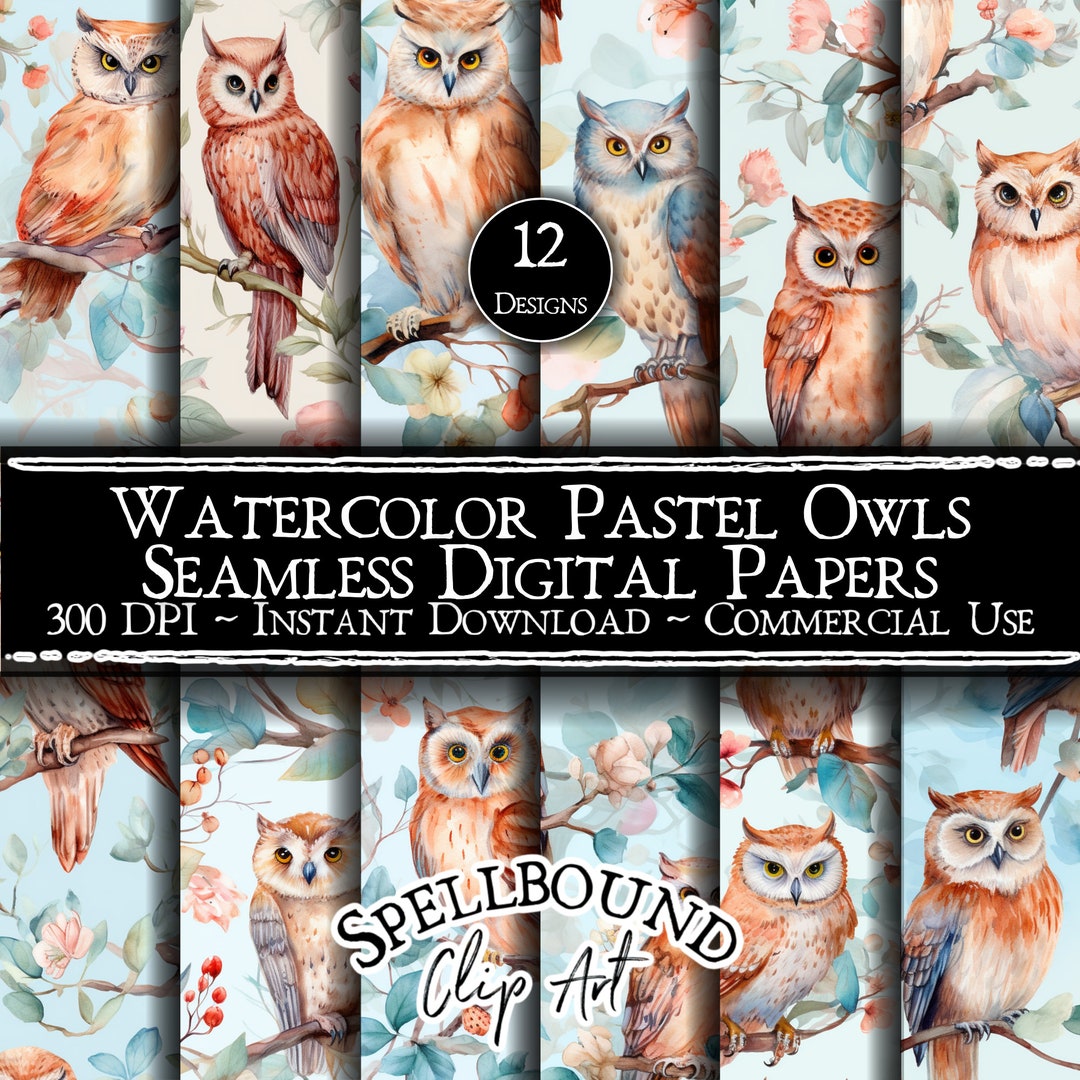 Watercolor Pastel Owls Seamless Digital Papers, Commercial Use, Instant ...