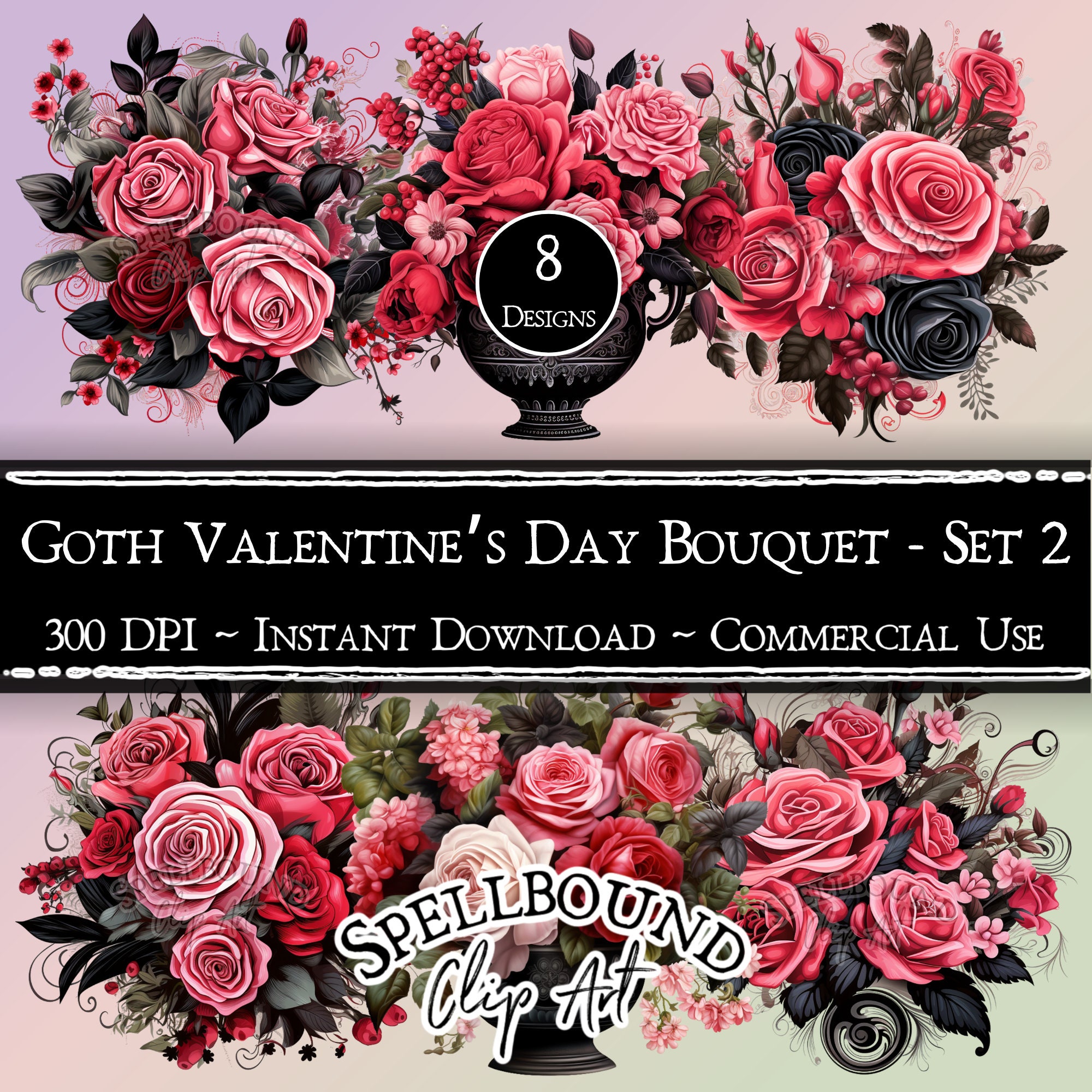 Goth Valentine's Day Flower Bouquets Digital Clipart, Commercial Use ...