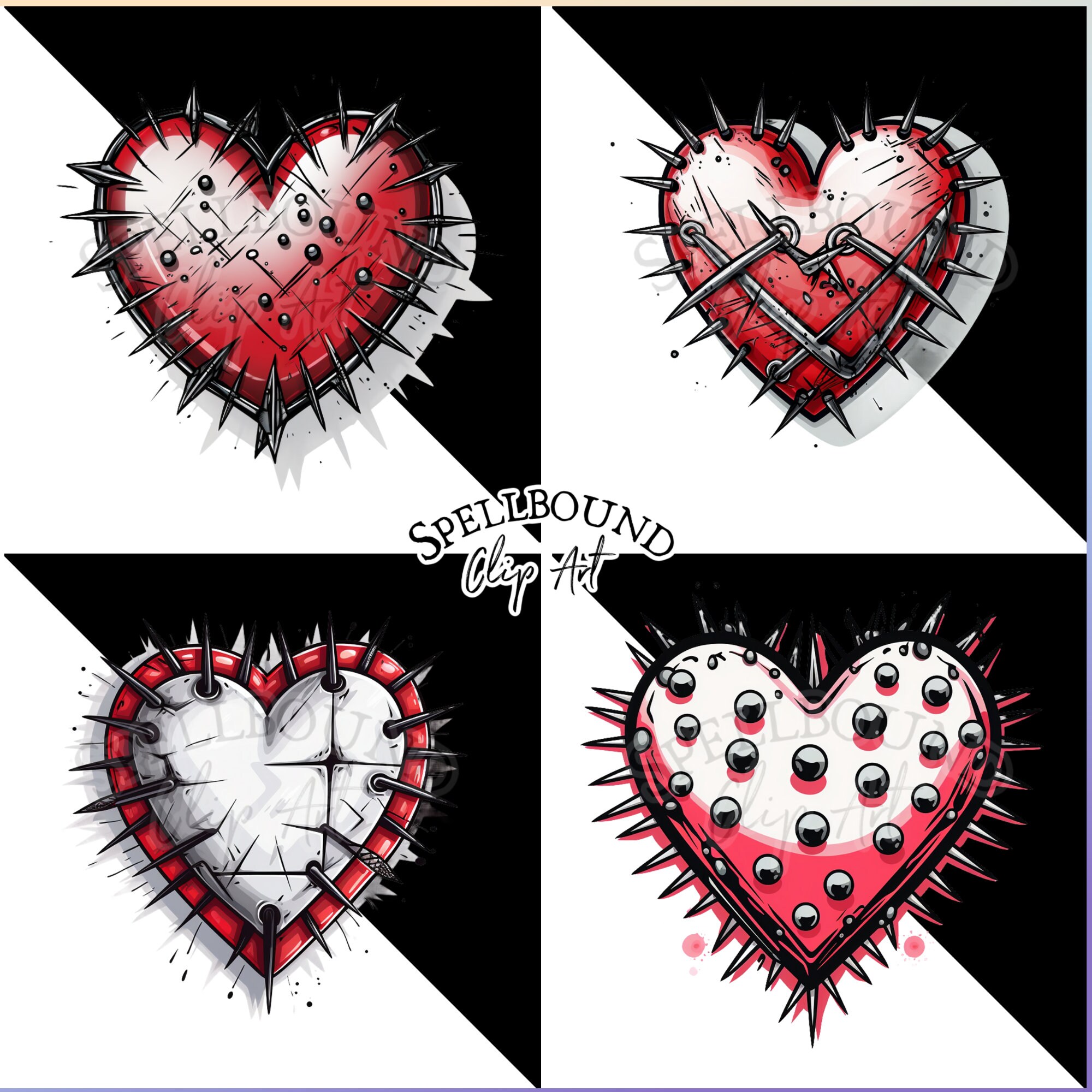 Red Punk Hearts Digital Clipart, Commercial Use, Instant Download, PNG ...