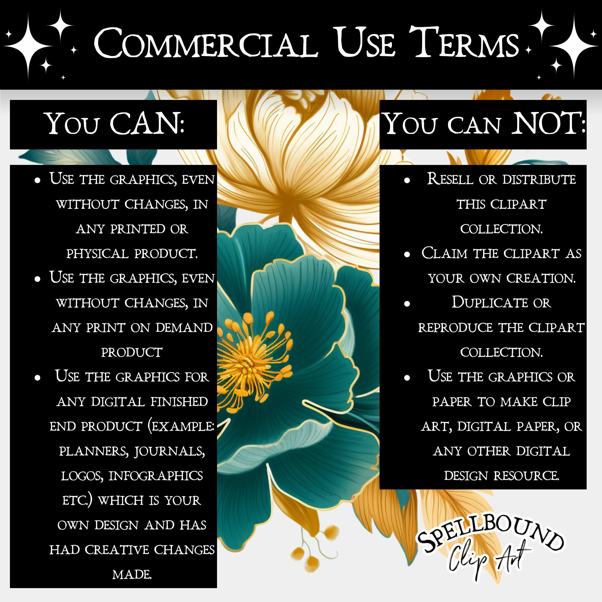 Turquoise & Gold Floral Bouquets Digital Clipart, Commercial Use ...