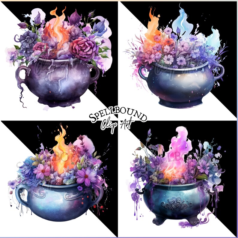 Watercolor Floral Witch Cauldrons Digital Clipart, Commercial Use ...