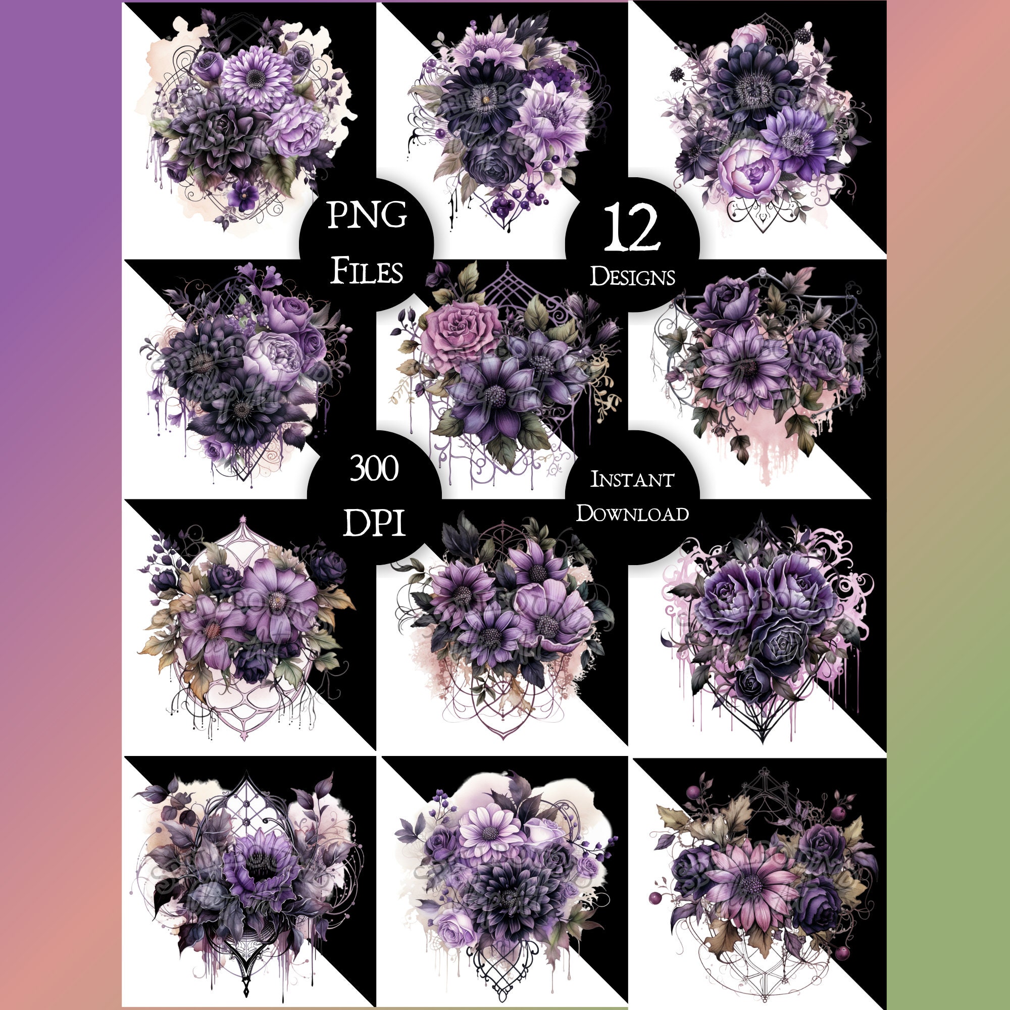 Purple Gothic Flower Bouquets Digital Clipart, Commercial Use, Instant ...