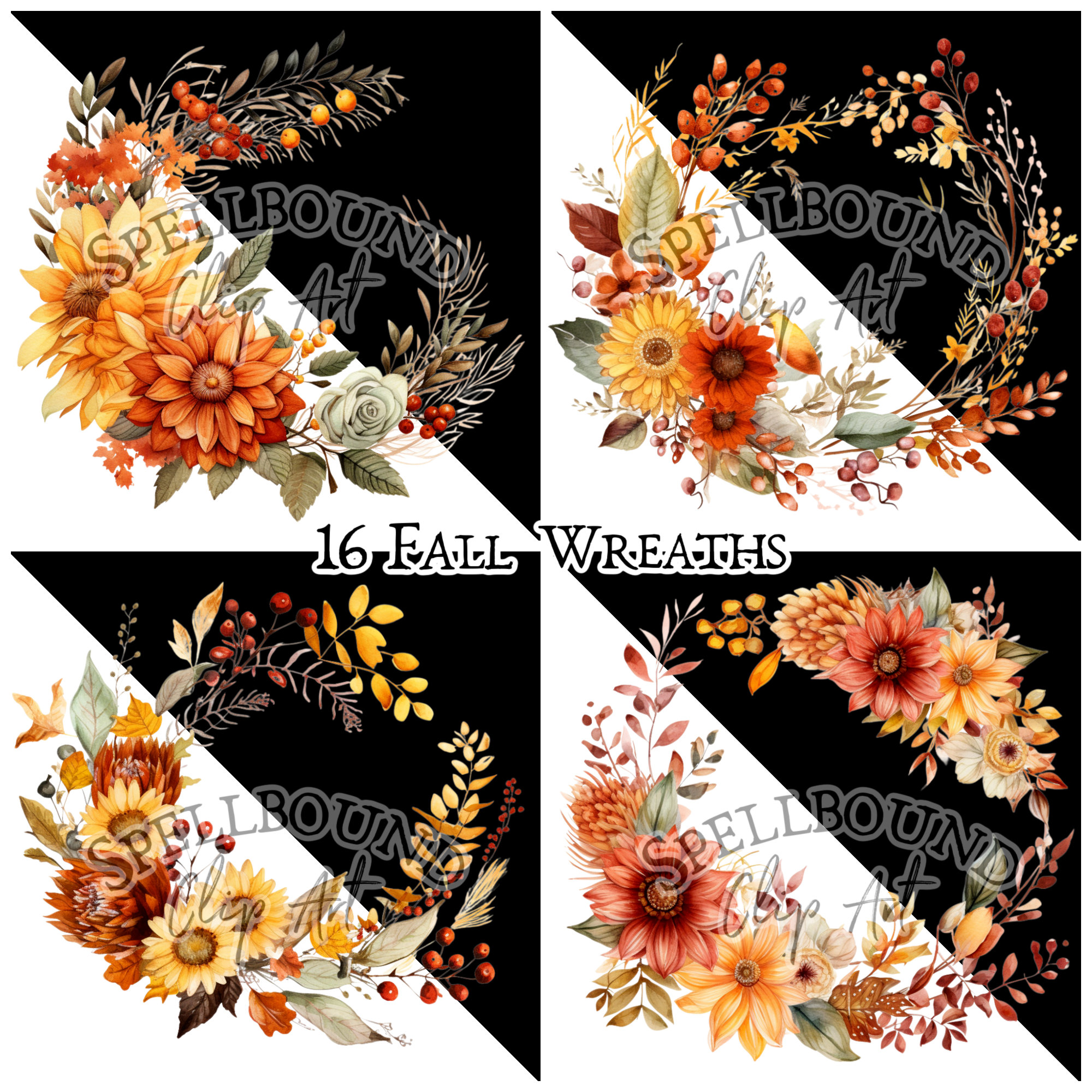 Fall Wreath Digital Clipart, Commercial Use, Instant Download, Fall ...