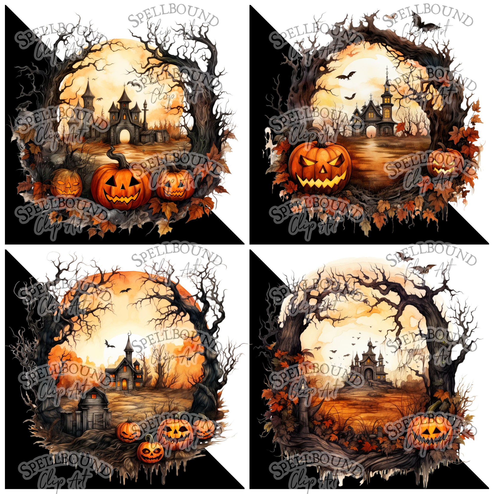 Halloween Scenes Digital Clipart Commercial Use Instant - Etsy