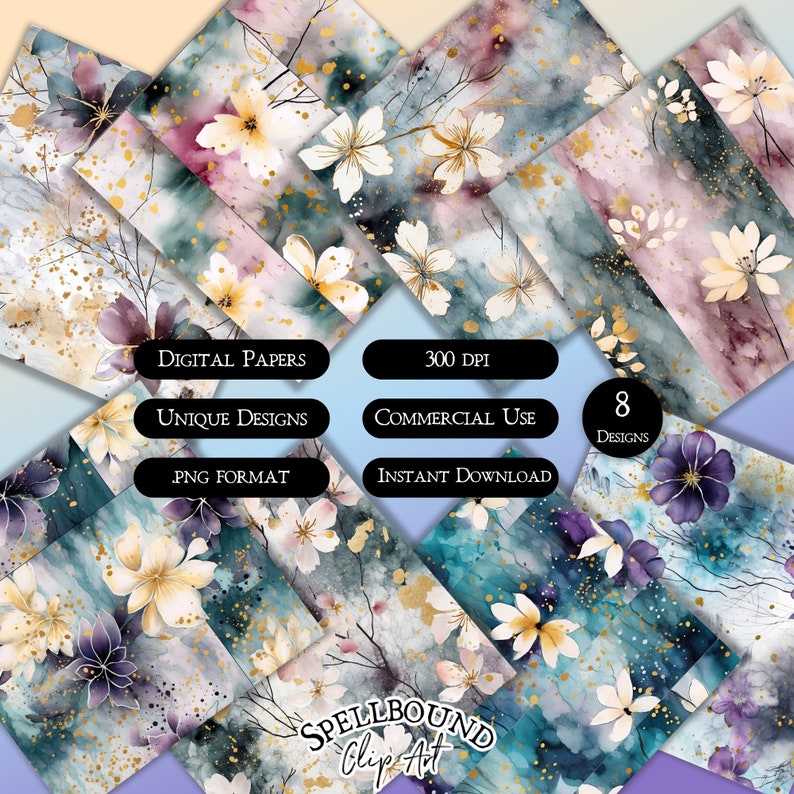 Distressed Watercolor Floral Seamless Digital Papers, Commercial Use ...