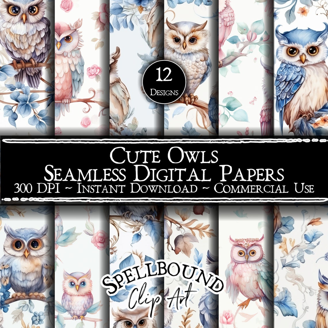 Cute Owls Seamless Digital Papers, Commercial Use, Instant Download ...