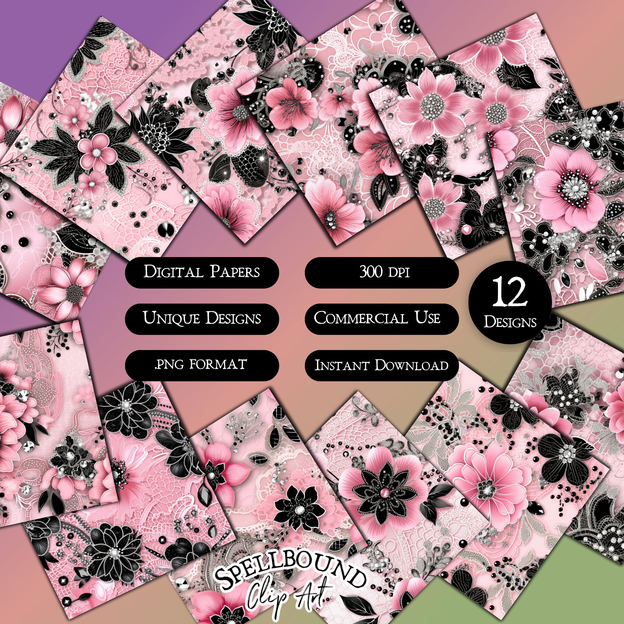 Light Pink & Black Digital Ephemera Seamless Digital Papers, Commercial ...