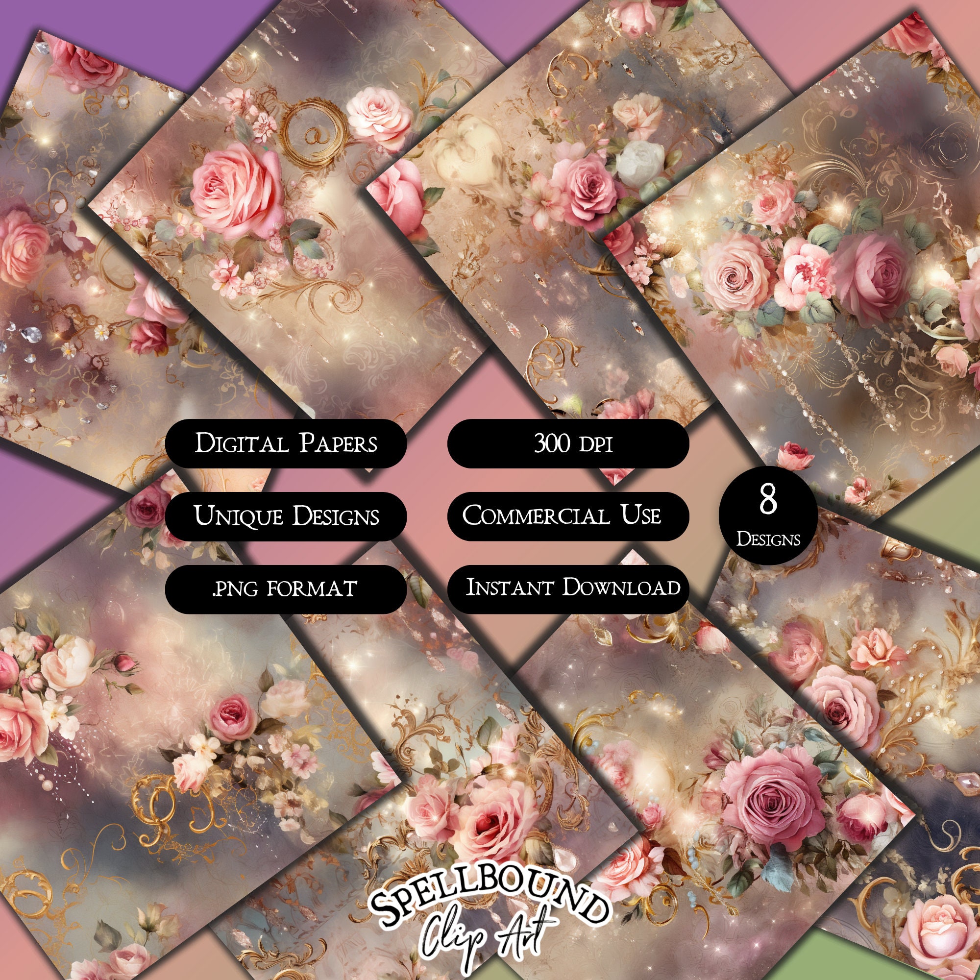 Pink & Gold Baroque Wallpaper Seamless Digital Papers, Commercial Use ...