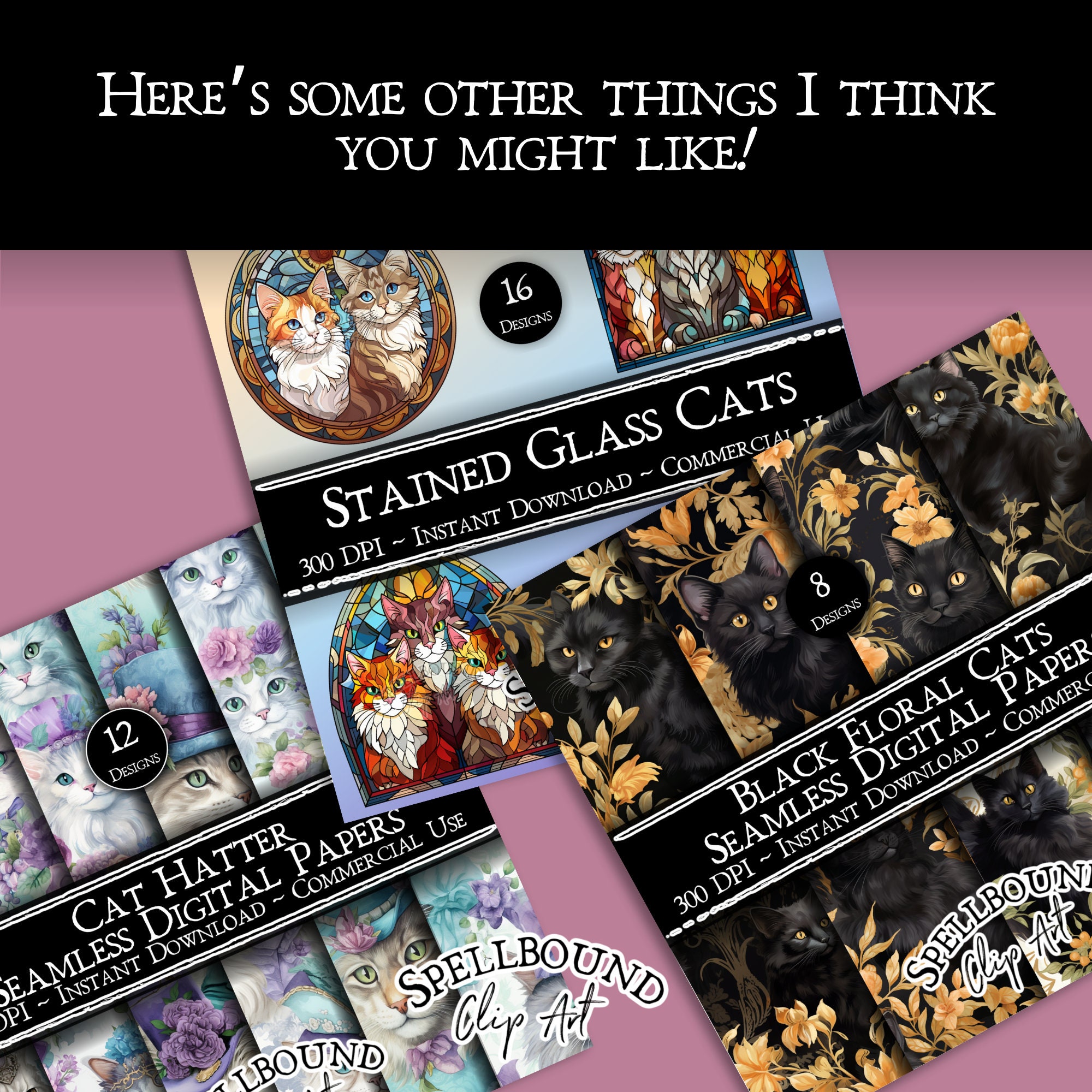 Cats and Blue Flowers Seamless Digital Papers, Commercial Use, Instant ...