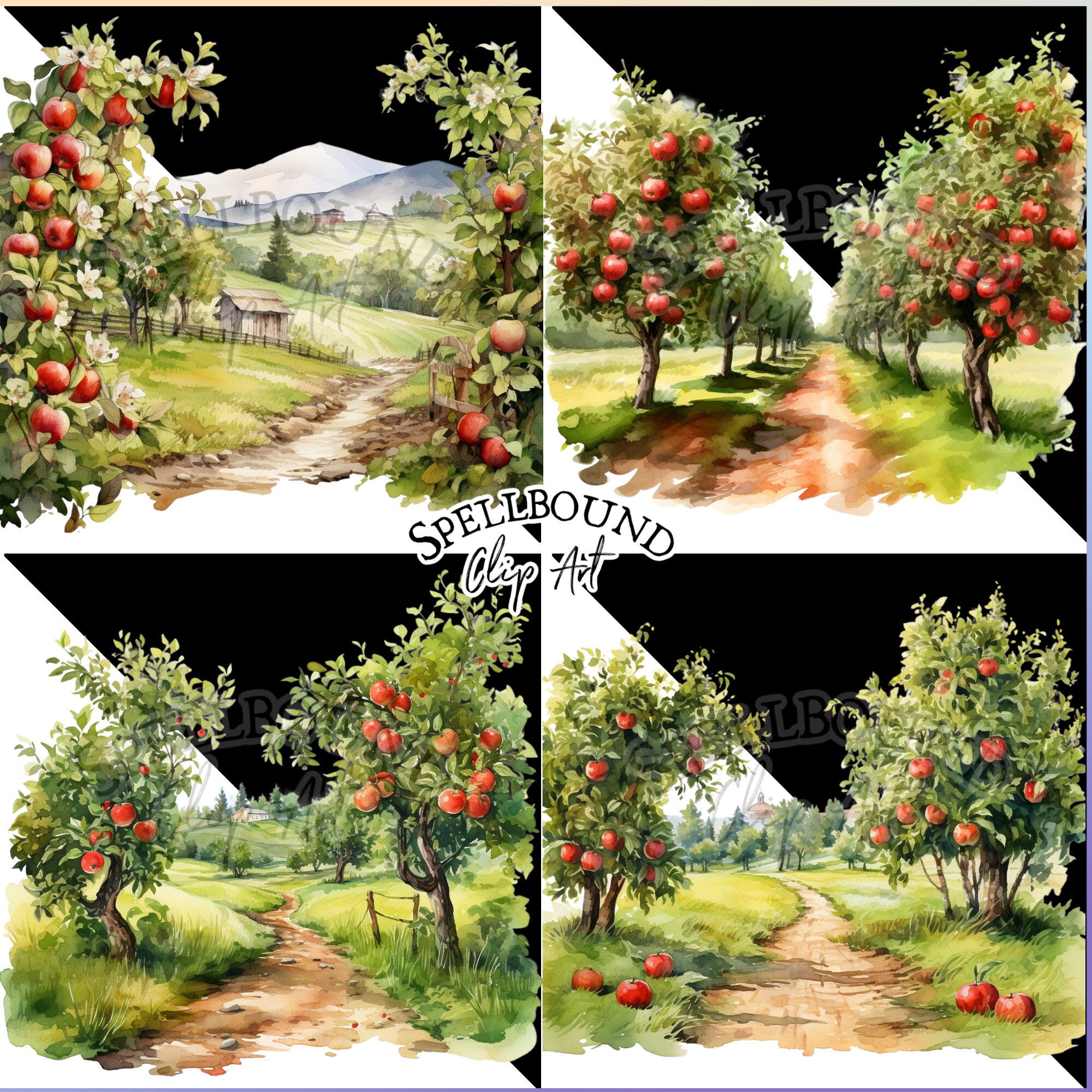 Watercolor Apple Orchard Clipart, Commercial Use, Instant Download ...