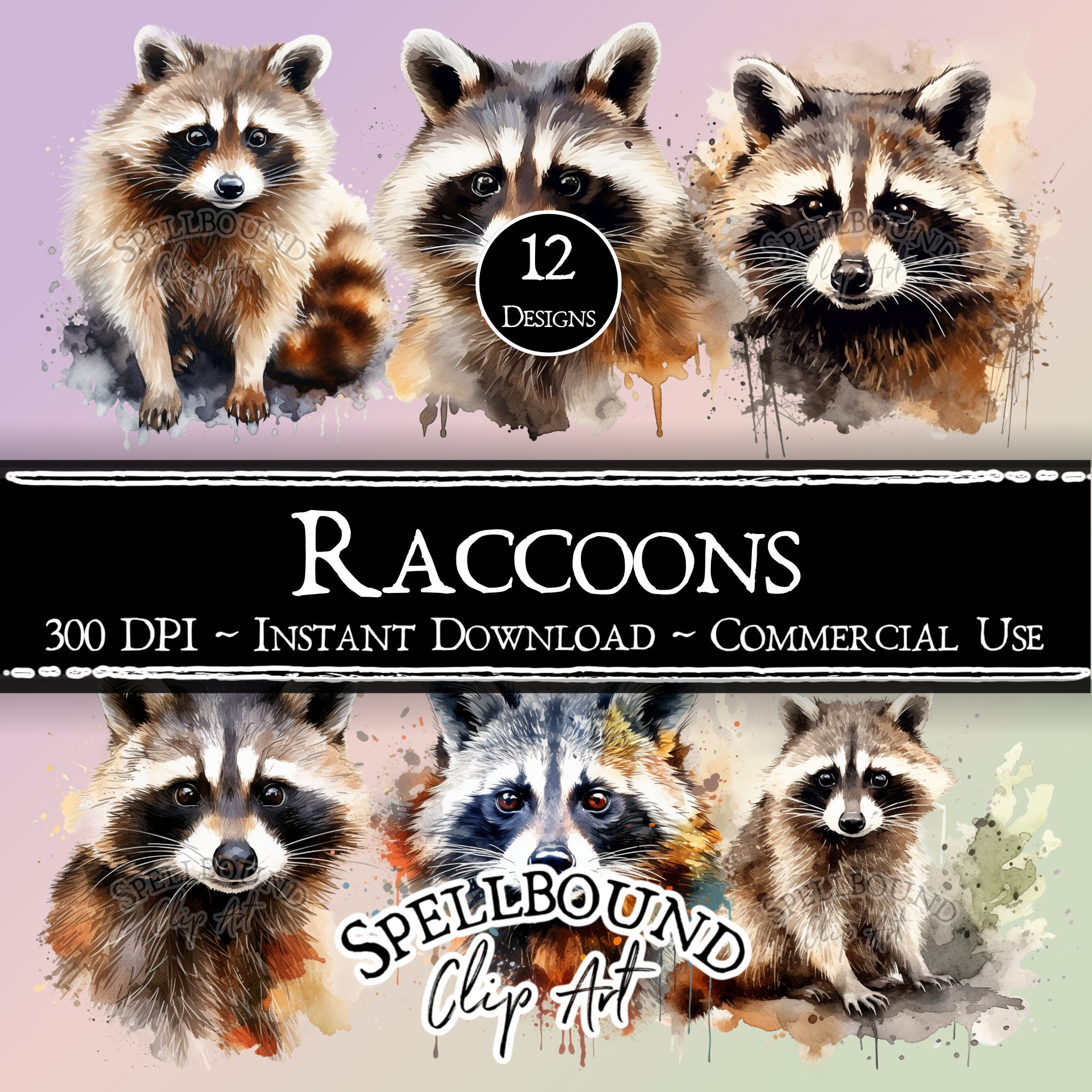 Watercolor Raccoons Digital Clipart, Commercial Use, Instant Download ...