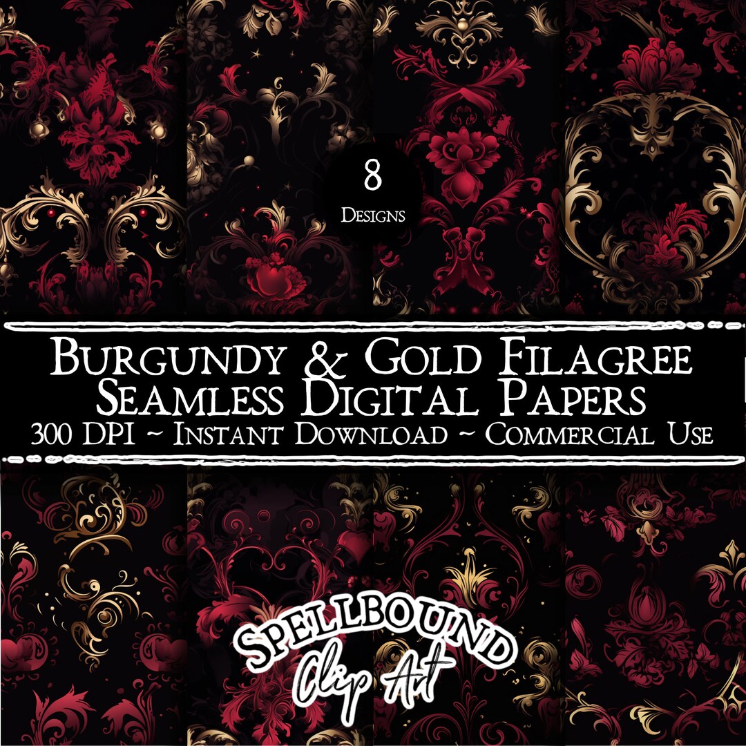 Burgundy and Gold Filagree Seamless Digital Papers, Commercial Use ...